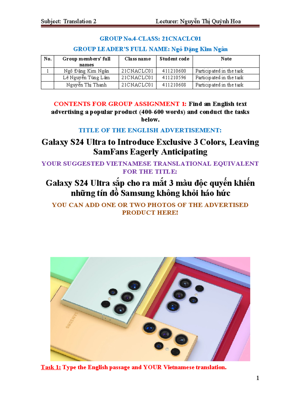 Template 1 FOR Translation 2 Assignment - GROUP No-CLASS: 21CNACLC ...
