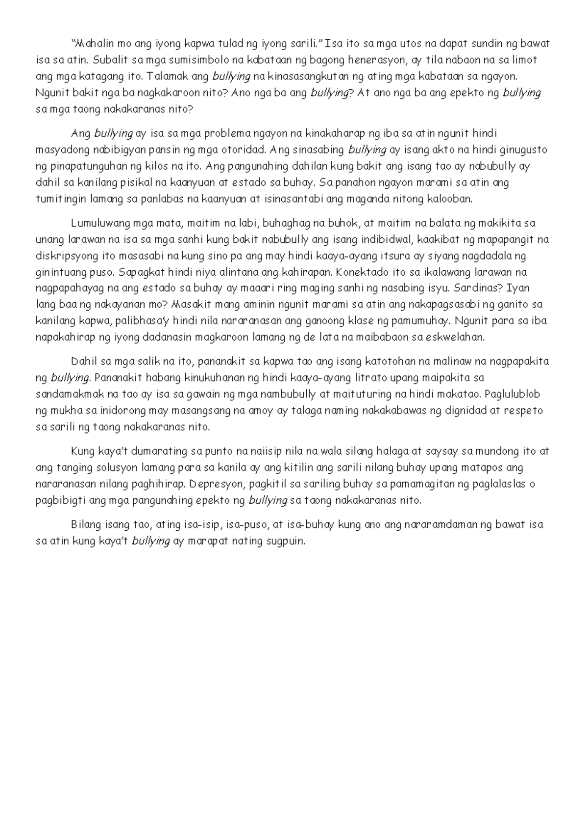 Bullying Essay - “Mahalin mo ang iyong kapwa tulad ng iyong sarili ...