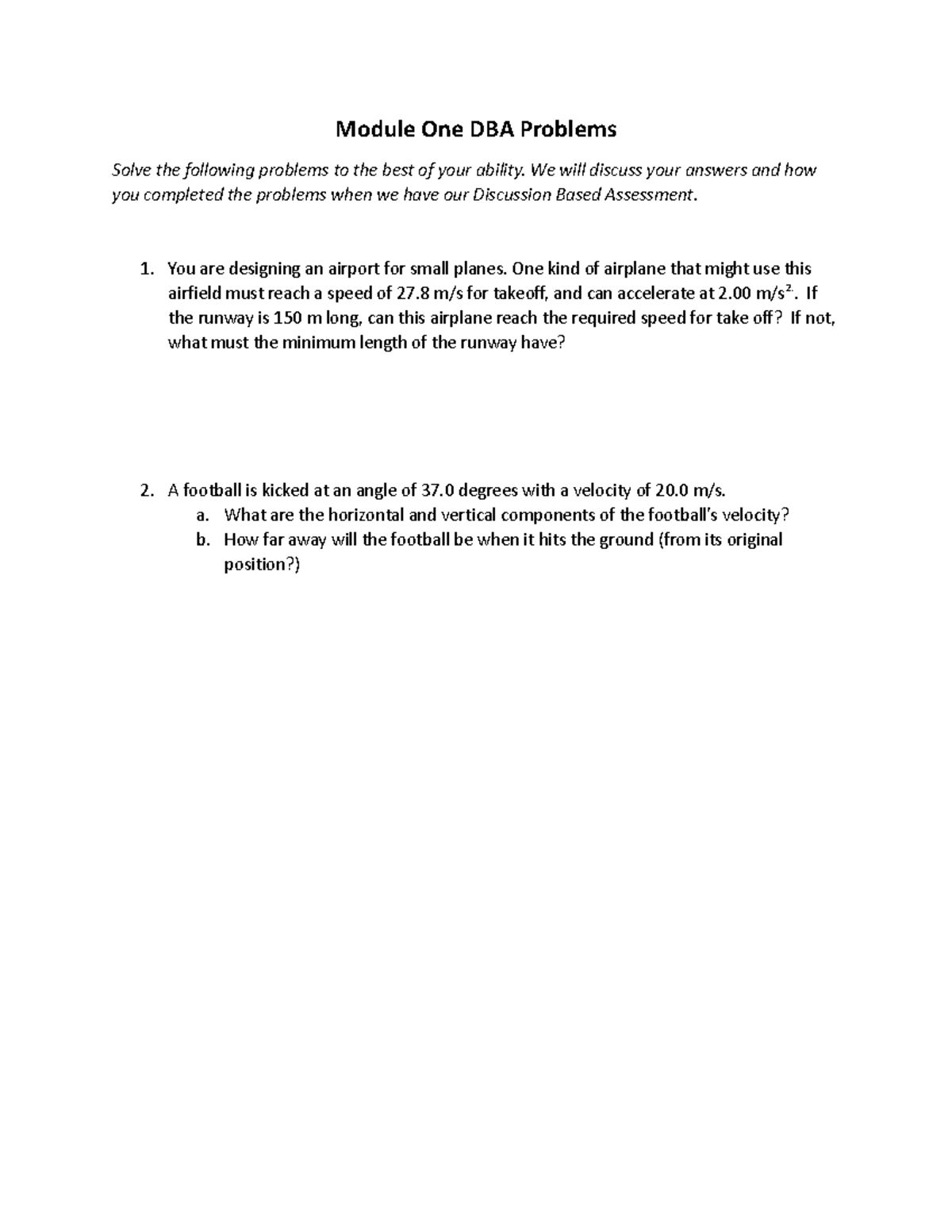 Test Review for chapter one Physics - Module One DBA Problems Solve the ...