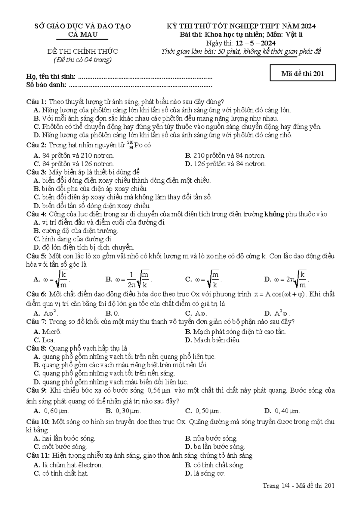 De thi thu tot nghiep thpt nam 2024 mon vat li so gddt ca mau - SỞ GIÁO DỤC VÀ ĐÀO TẠO CÀ MAU ĐỀ ...