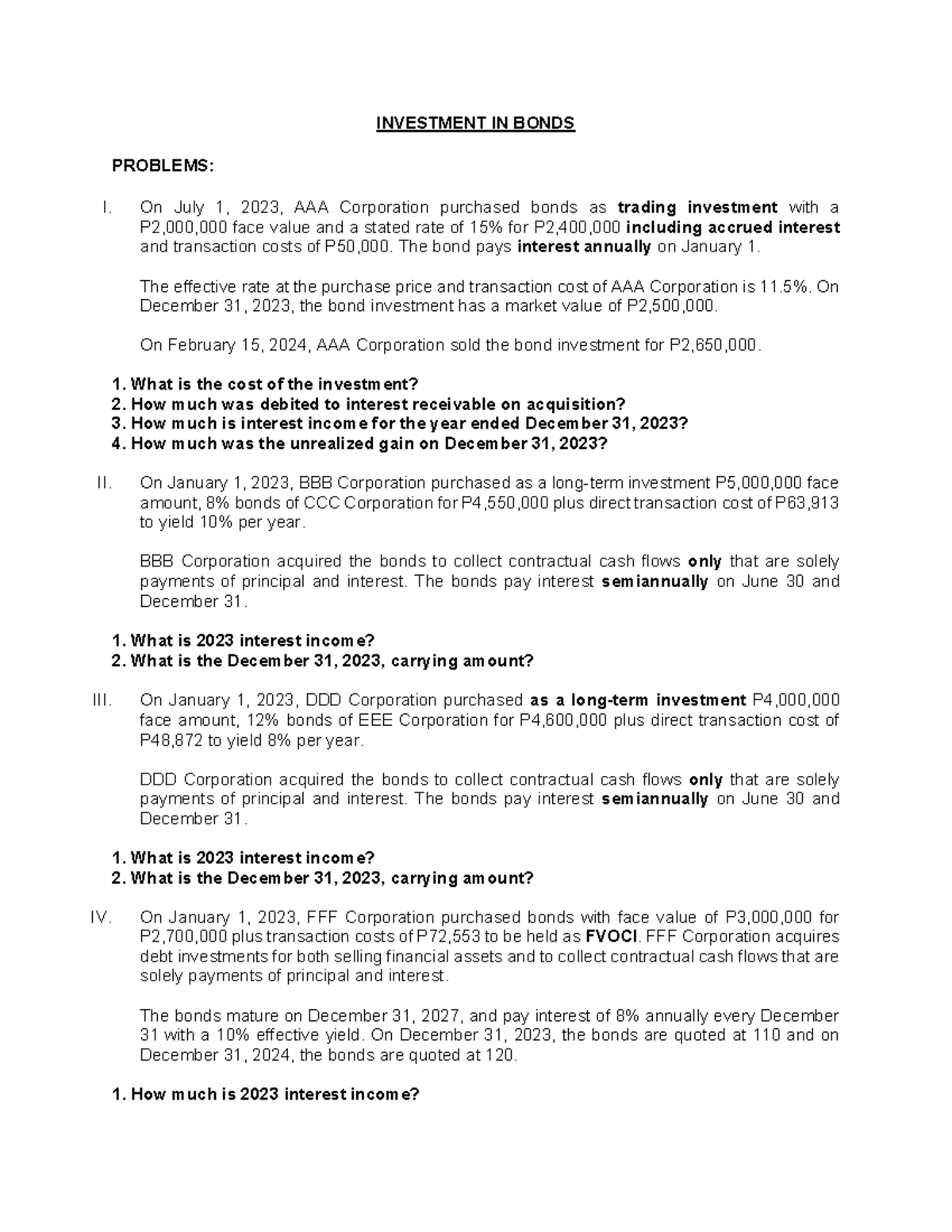Practice Set Investment in Bonds Questionnaire - INVESTMENT IN BONDS ...