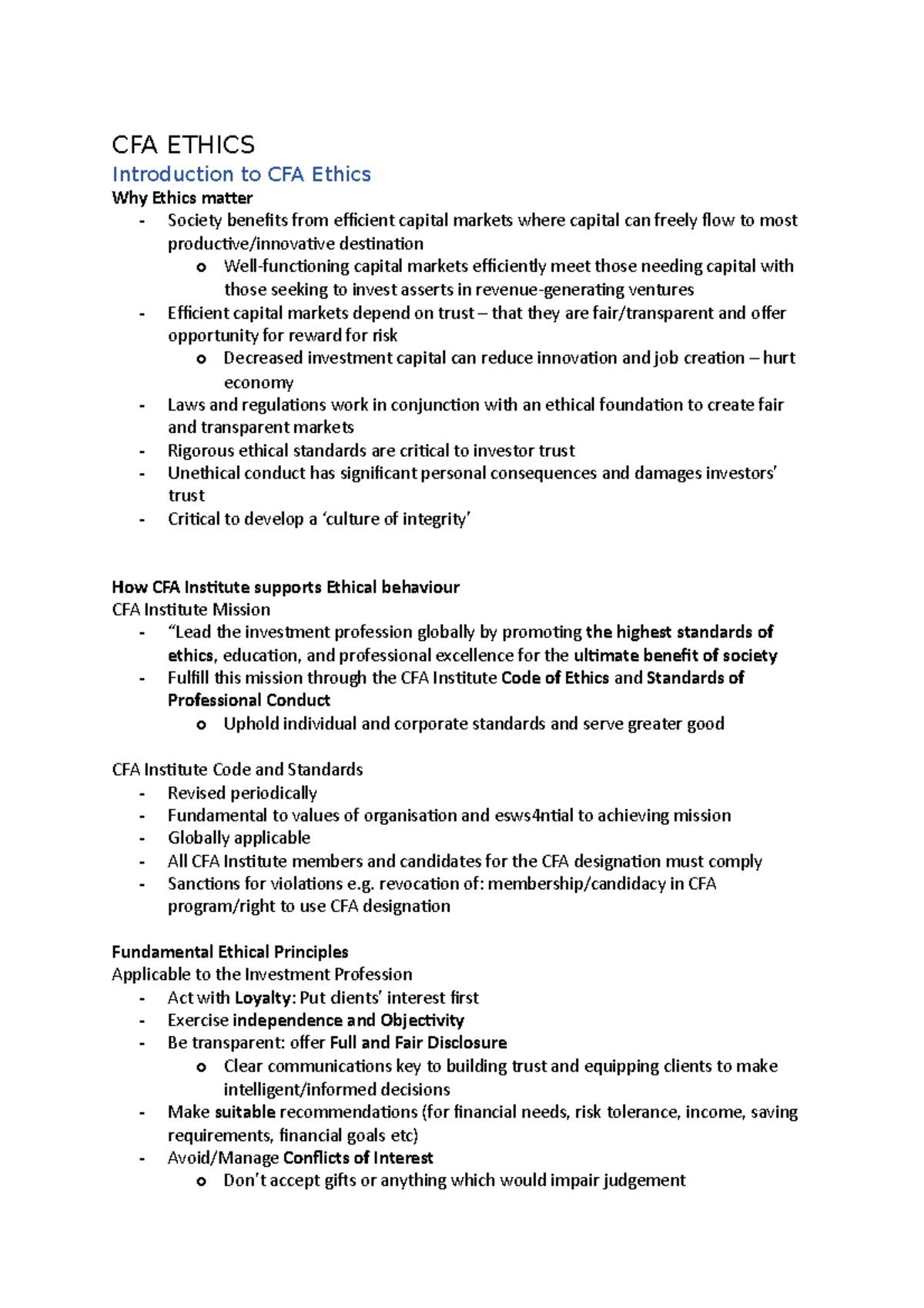 CFA Ethics Module Notes - CFA ETHICS Introduction to CFA Ethics Why ...