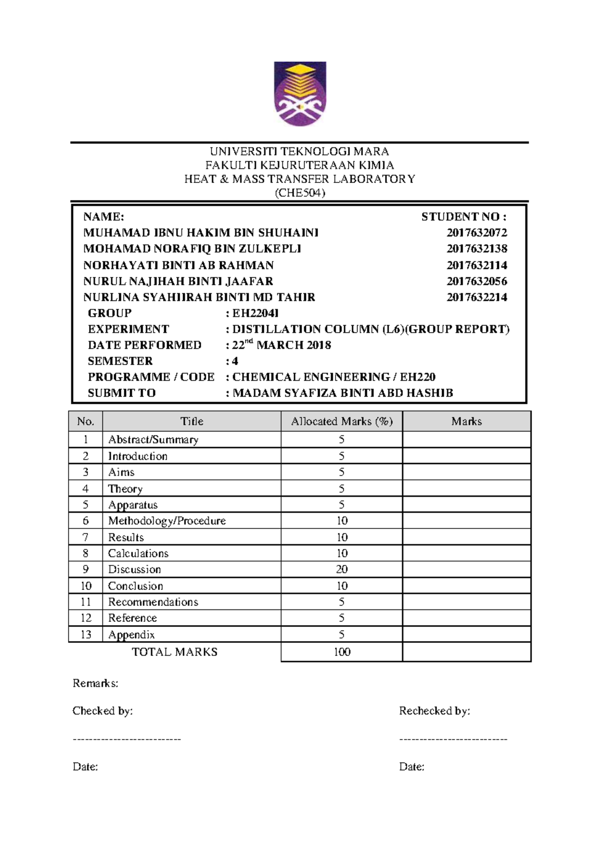CHE504 Lab Report on Distillation Column - UNIVERSITI TEKNOLOGI MARA ...