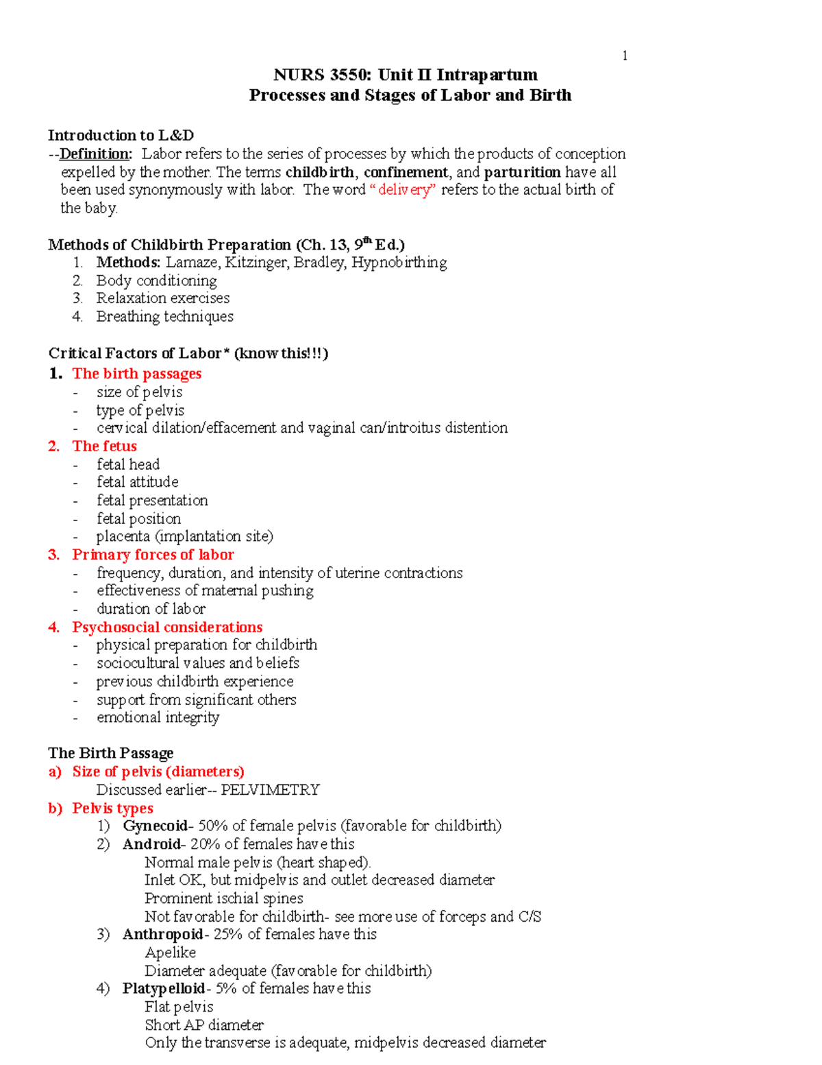 Processes and Stages of Labor and Birth (intrapartum) - NURS 3550: Unit ...