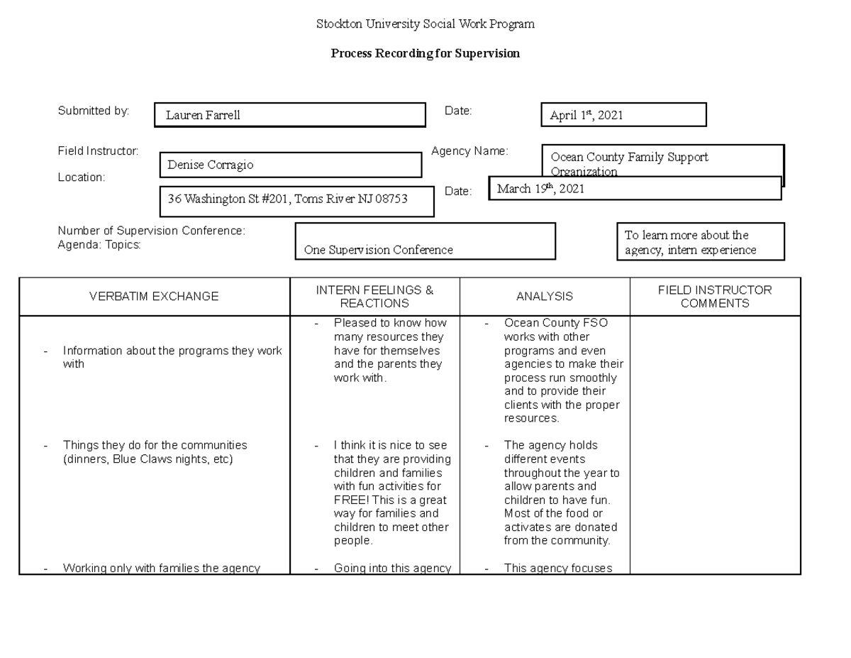 Process recording supervision 18-19 - Stockton University Social Work ...