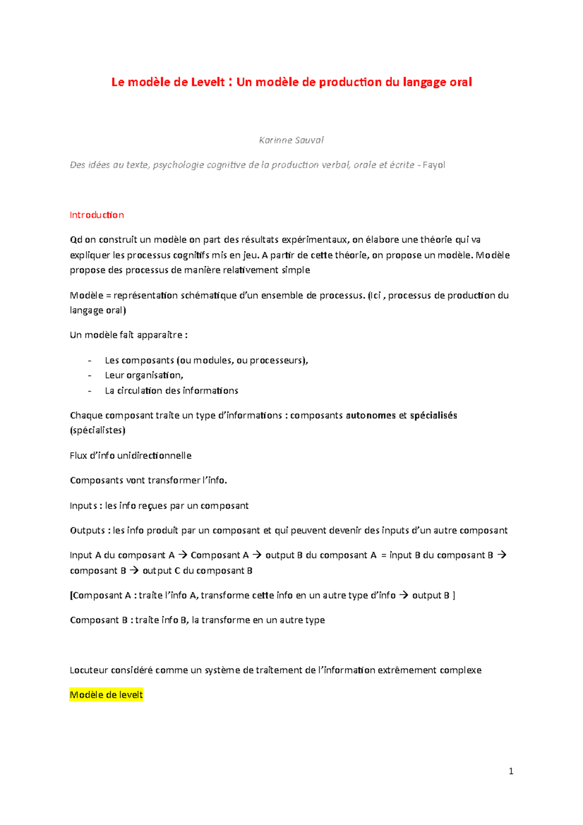 Le modèle de Levelt - cours de psychologie du développement, licence 2 ...