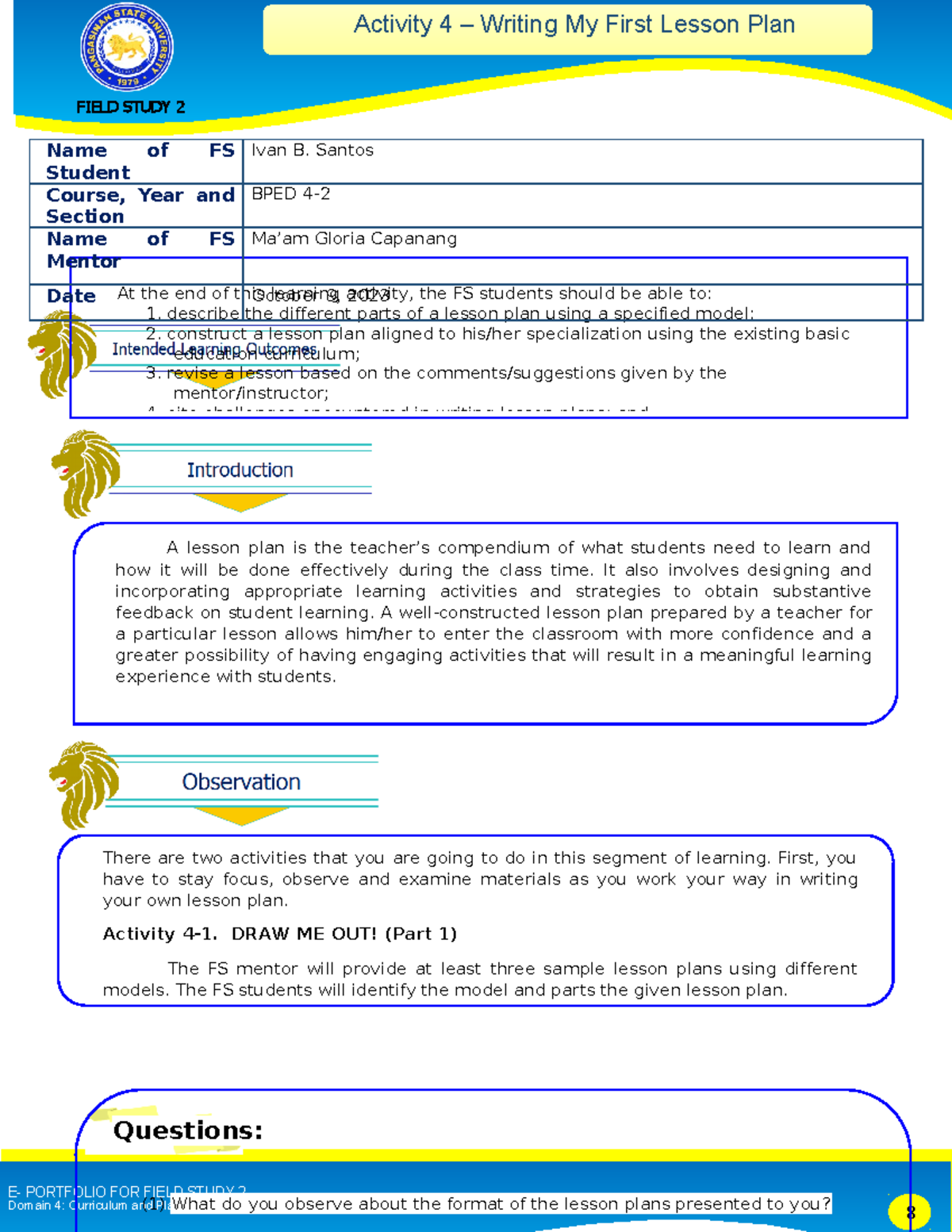 FS 2 Activity 4 - E- PORTFOLIO FOR FIELD STUDY 2 Domain 4: Curriculum ...