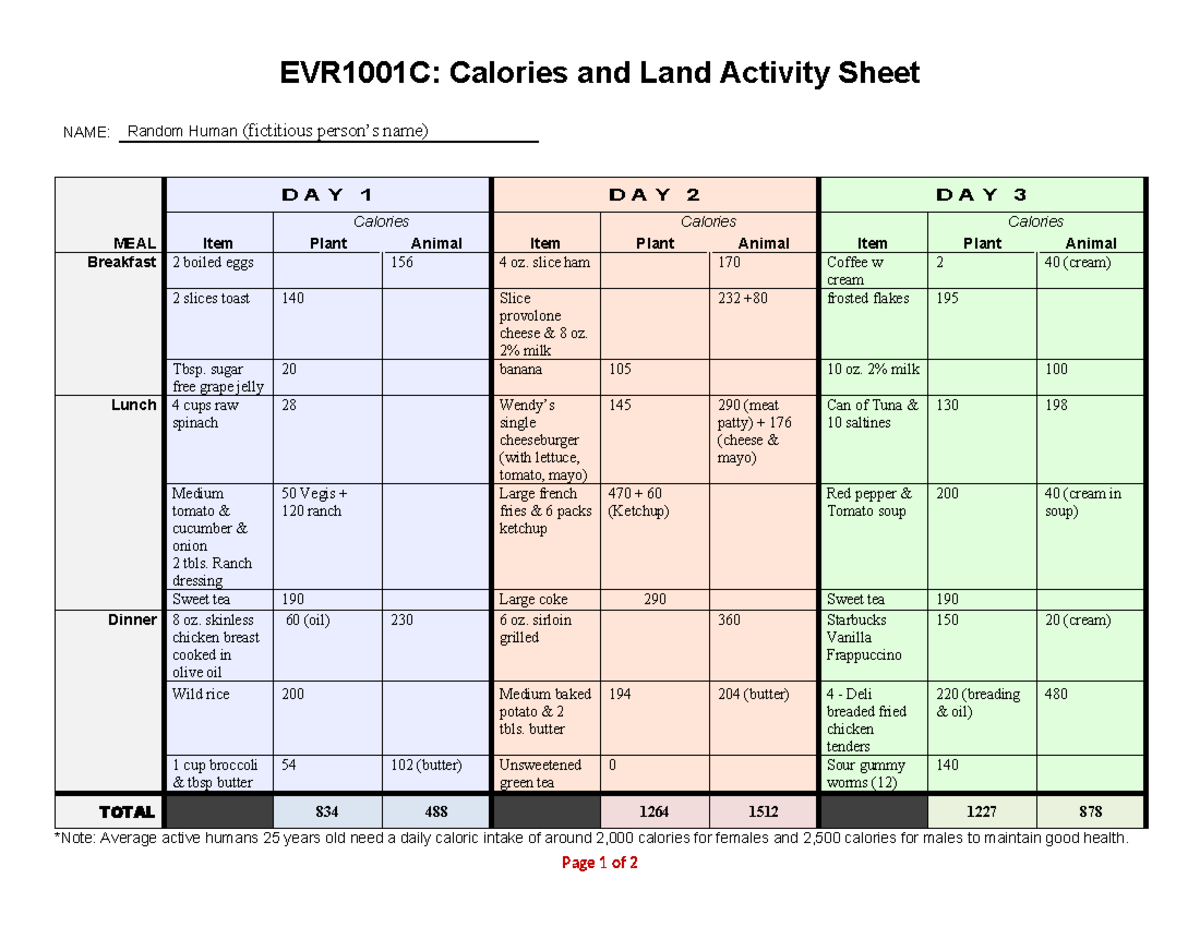 Calories-and-the-land-activity-sheet - EVR1001C: Calories and Land ...