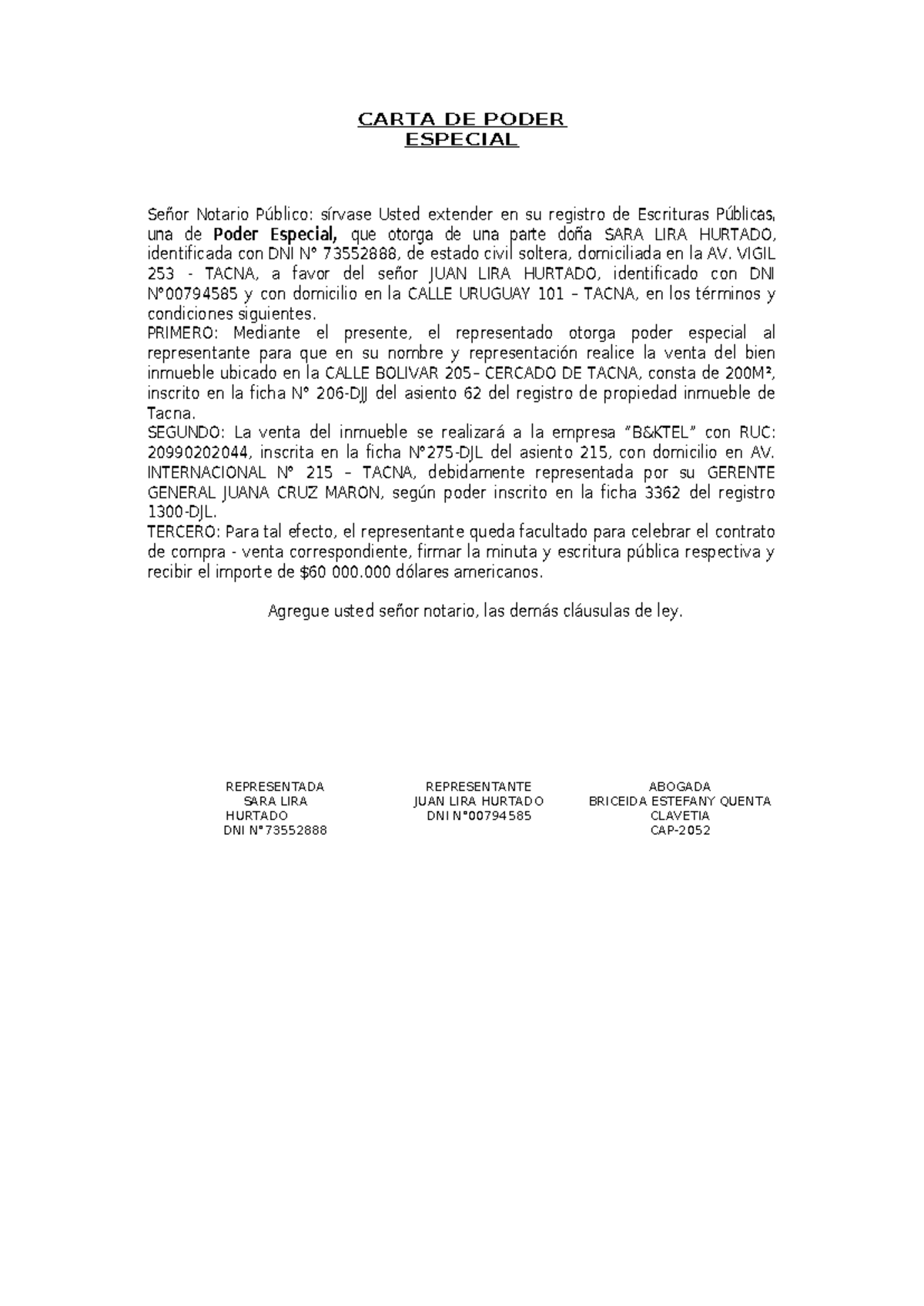 Carta DE Poder Especial - CARTA DE PODER ESPECIAL Señor Notario Público ...