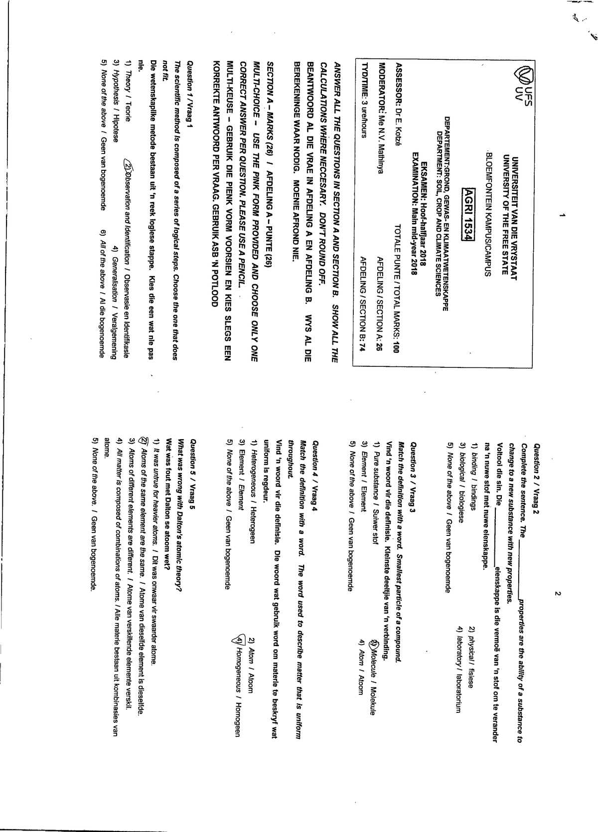 AGRI 1534 practise 1 - Past exam paper - 1 2 Question 2 / Vraag 2 UFS ...