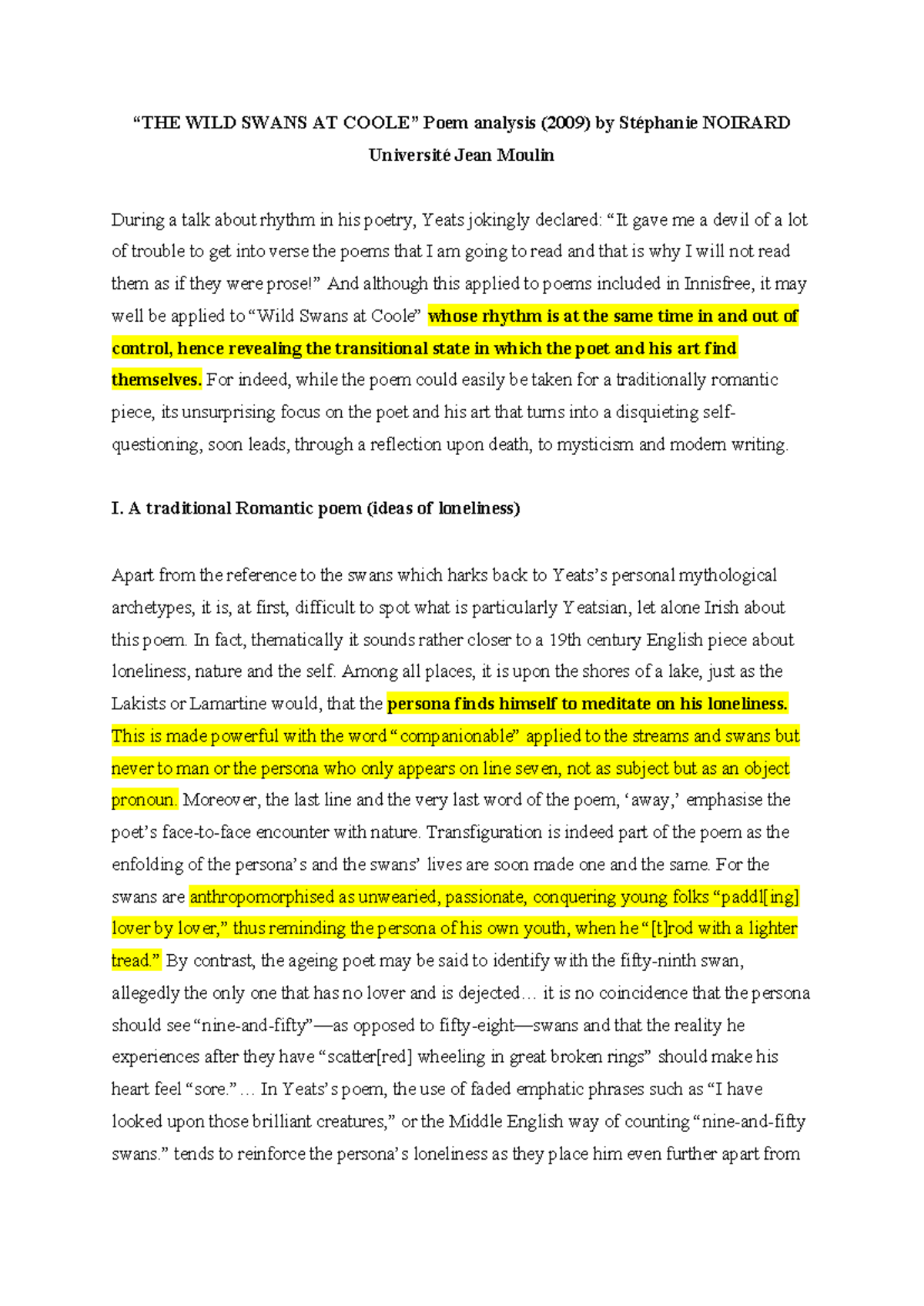 Noirard 2009 Twsac - sda - “THE WILD SWANS AT COOLE” Poem analysis ...