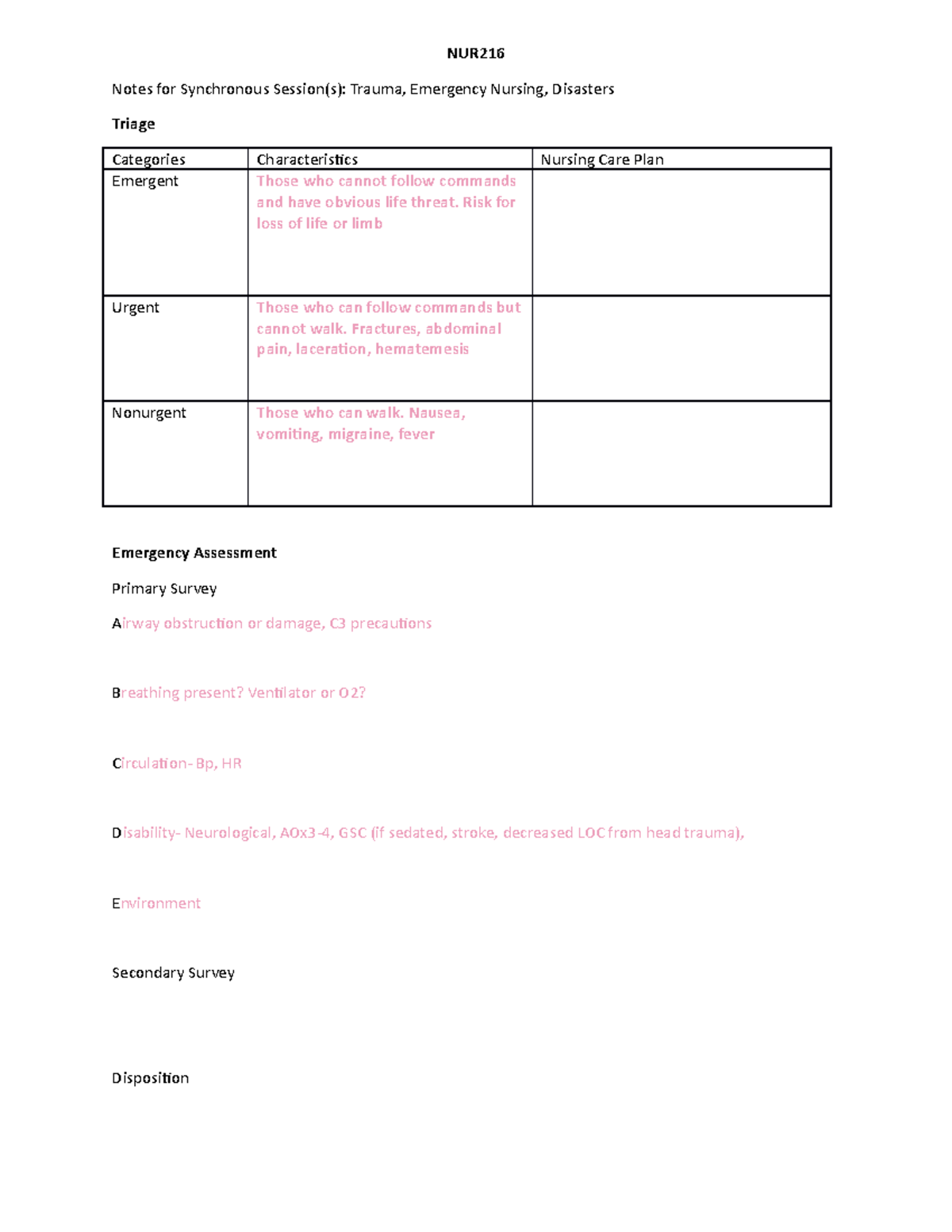 ER-Disasters-Triage Student Notes - NUR Notes for Synchronous Session(s ...