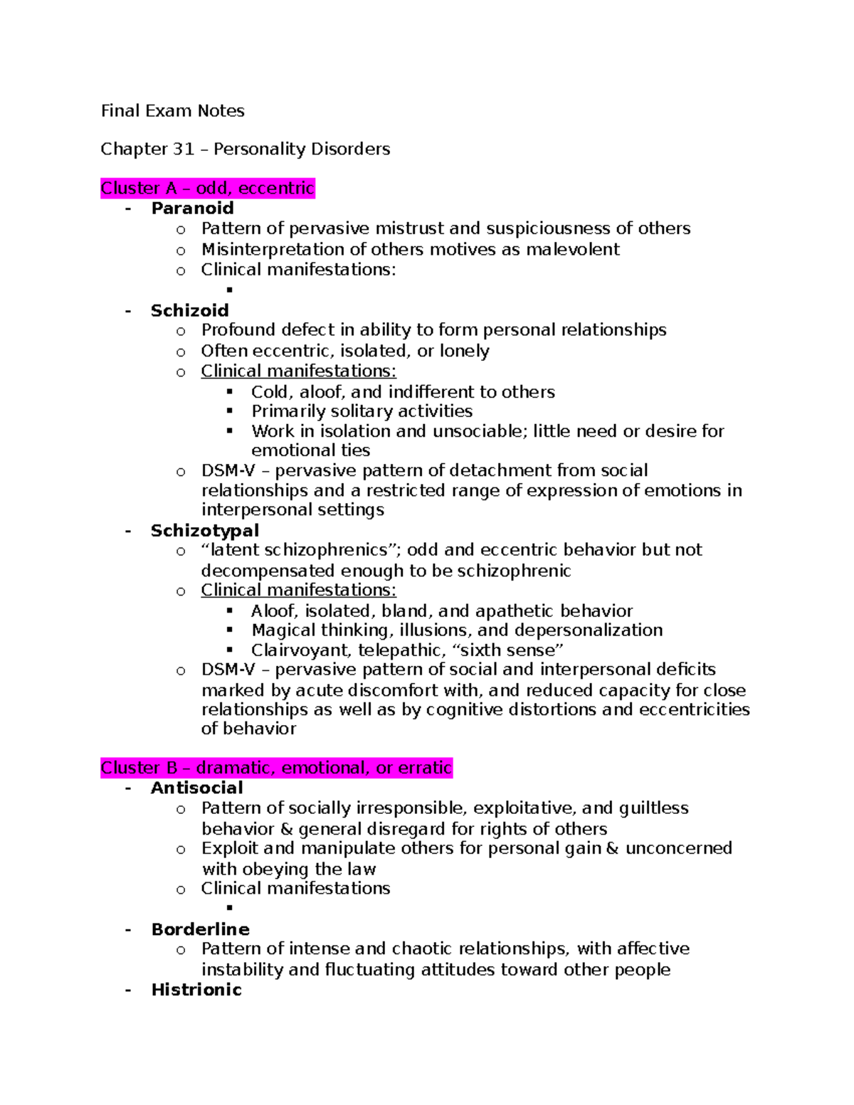 Final Exam Notes - Final Exam Notes Chapter 31 – Personality Disorders ...
