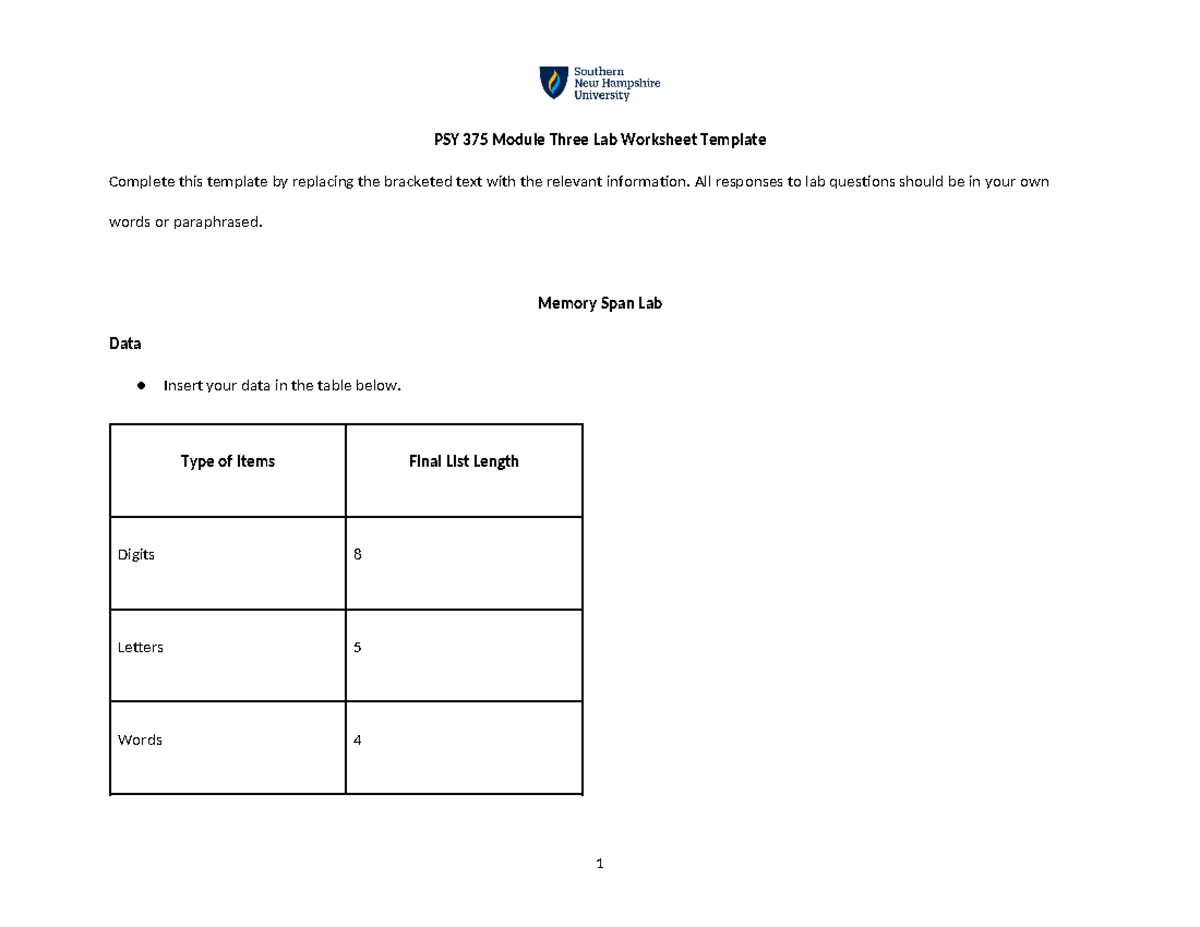 PSY 375 3-2 Module Three Lab Worksheet - All responses to lab questions ...