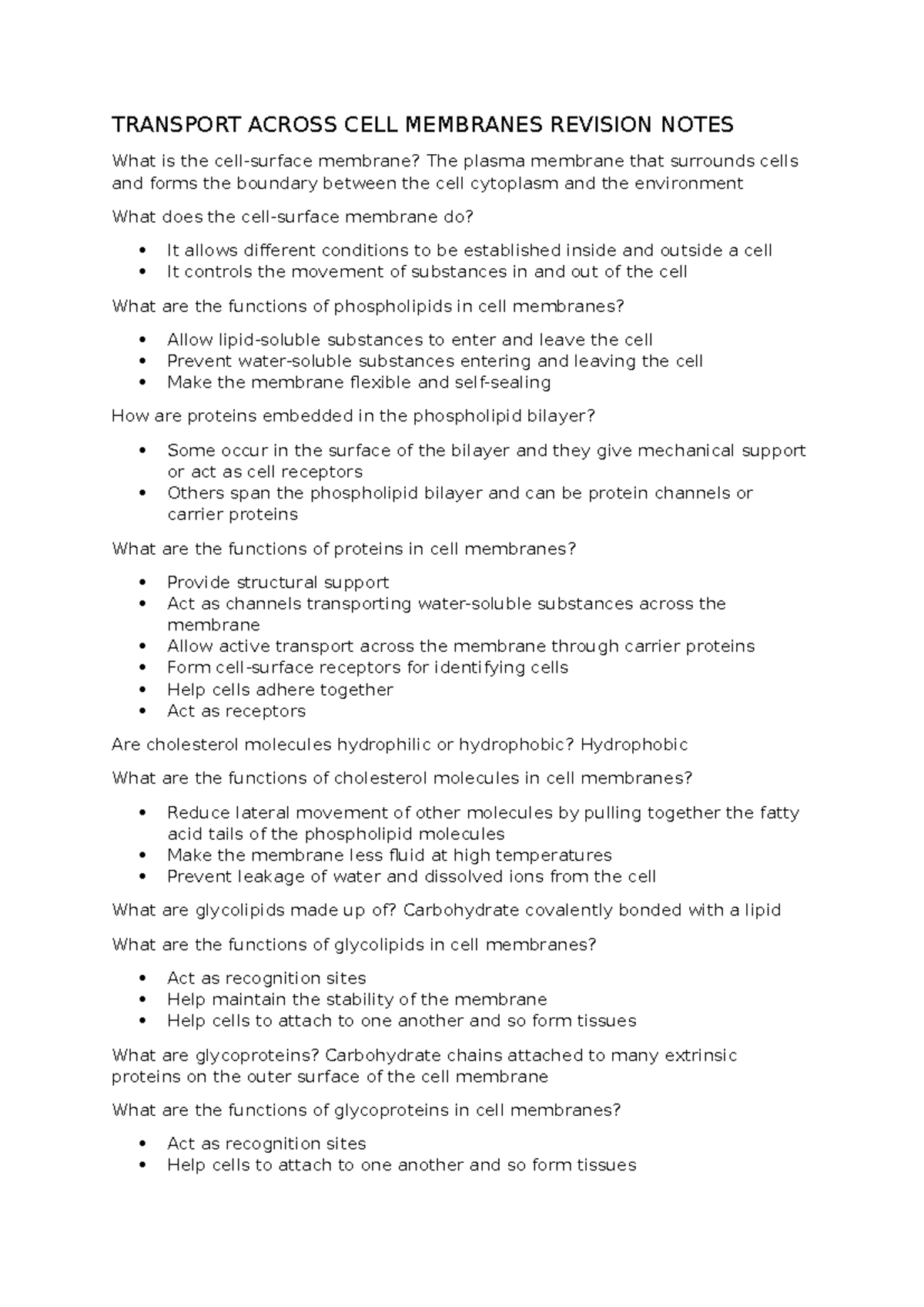 Transport Across CELL Membranes Revision Notes-Beth-Laptop - TRANSPORT ...