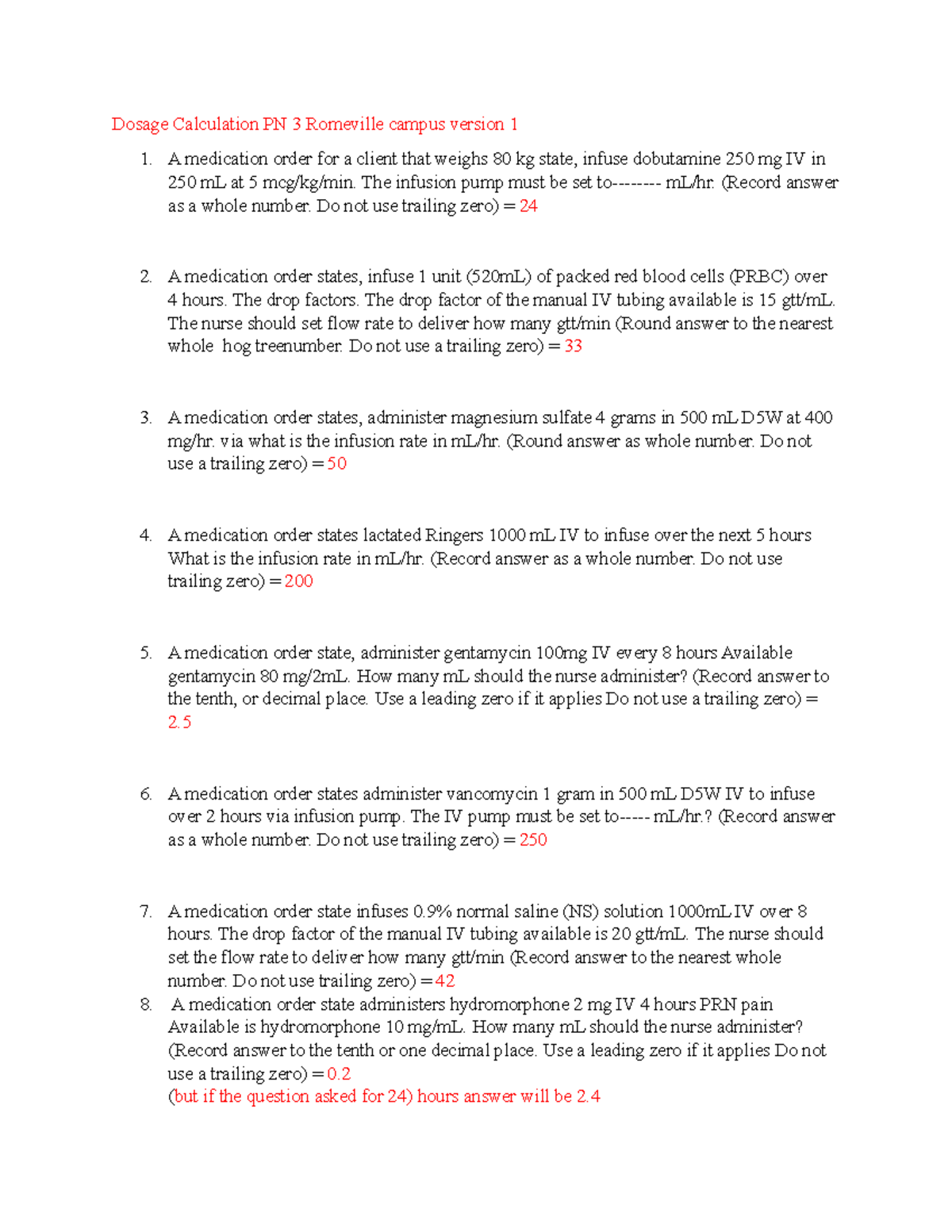 Dosage calculation versions 1 and 2 - Dosage Calculation PN 3 Romeville ...