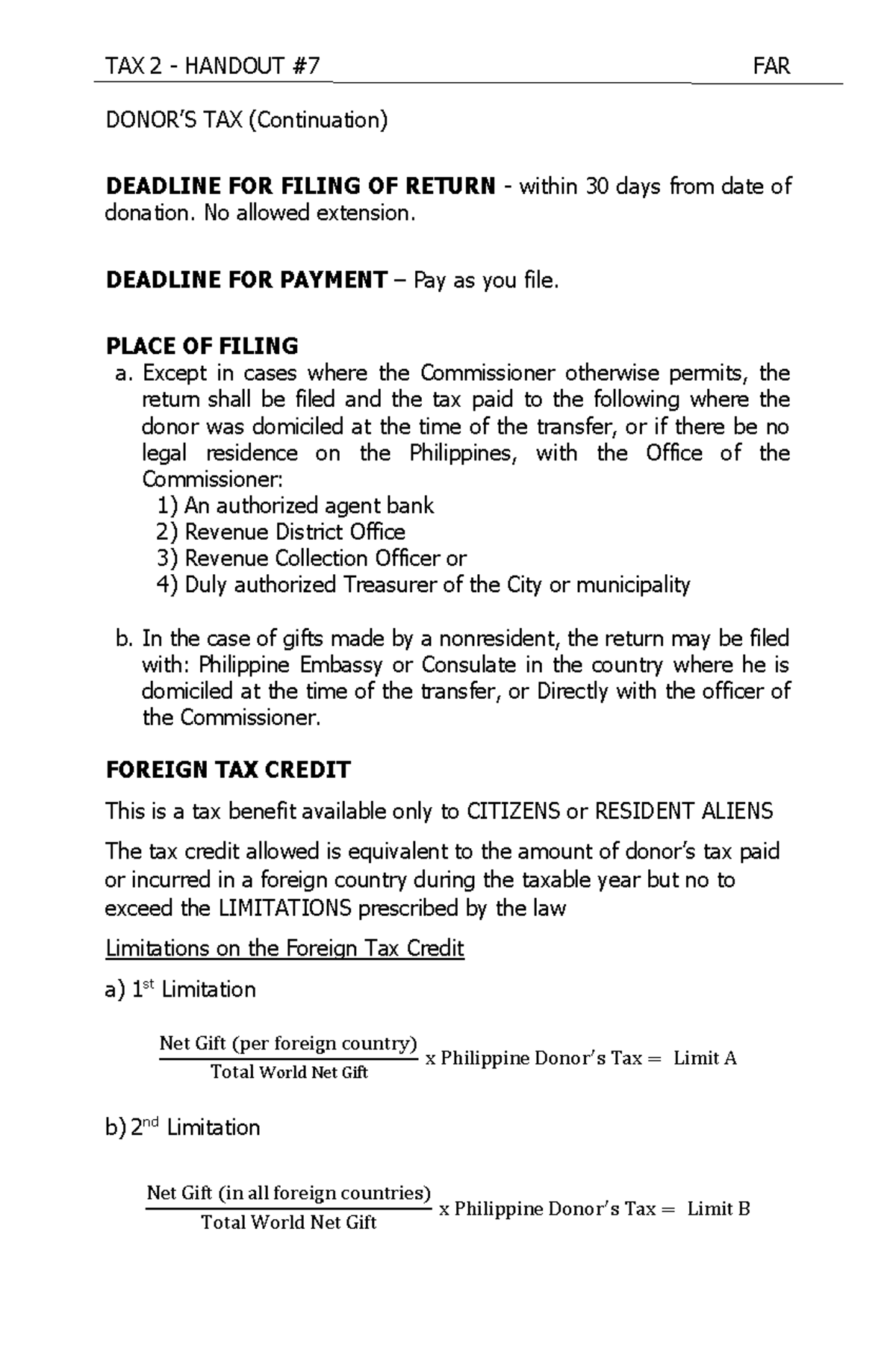 Handout #7 - Donor's Tax - Deadline for filing return, Deadline for ...