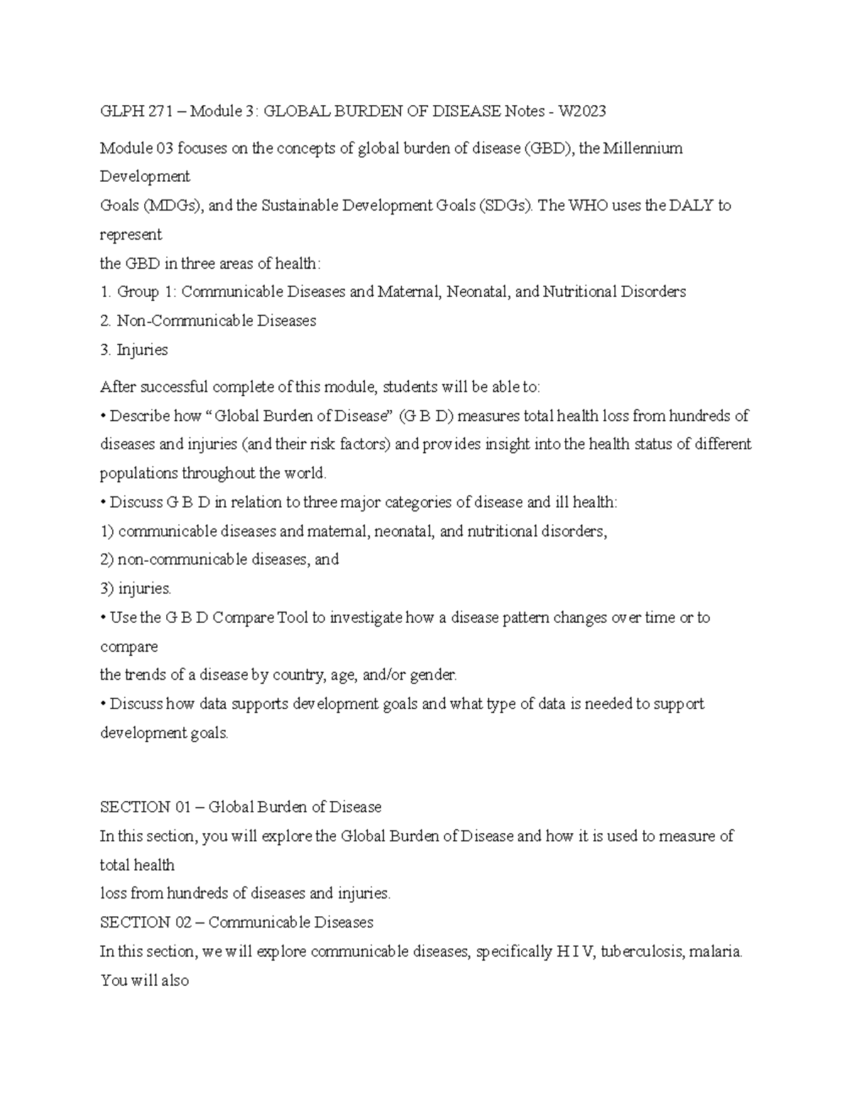 Module 3 - GLPH 271 – Module 3: GLOBAL BURDEN OF DISEASE Notes - W ...