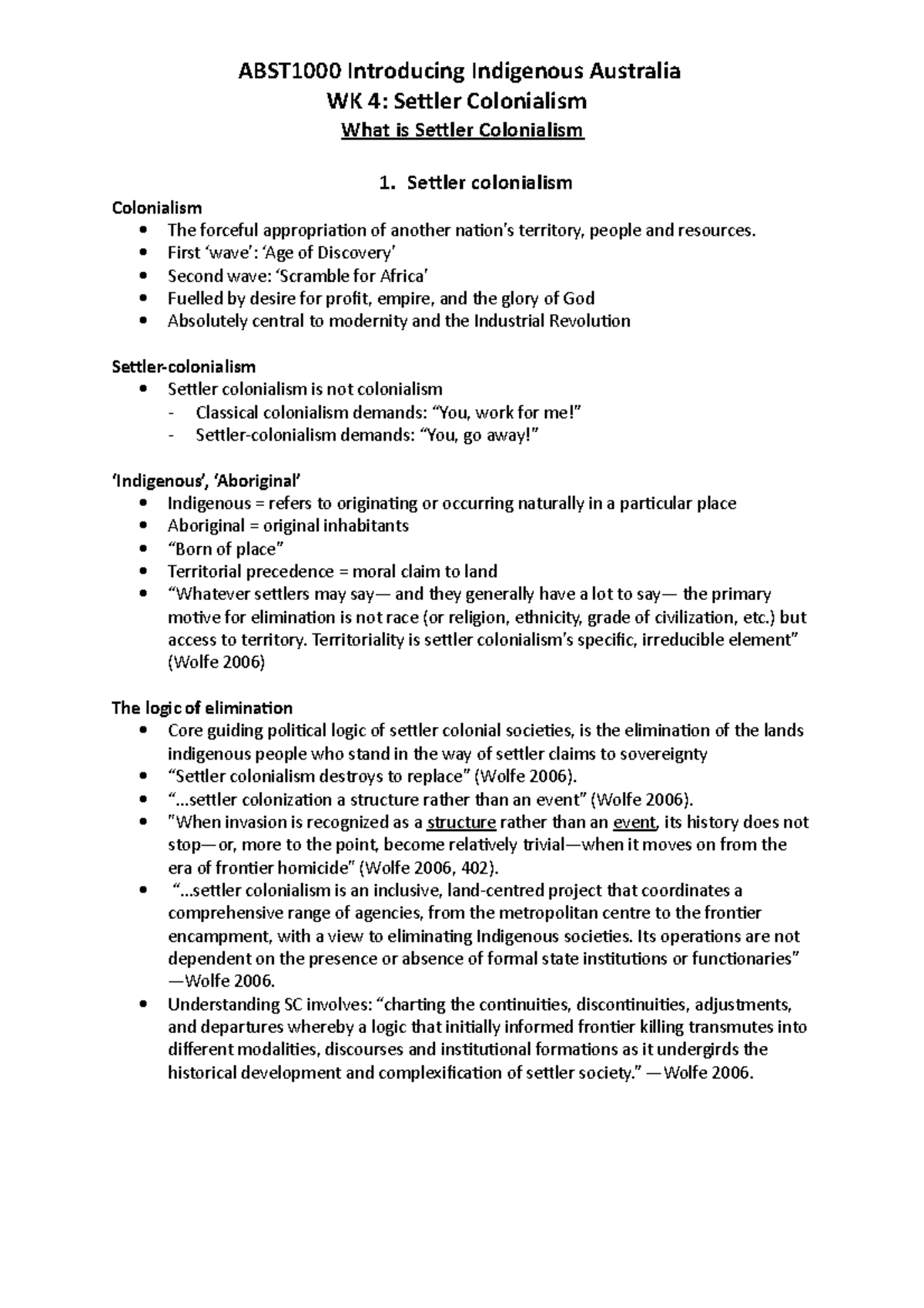 ABST 1000 WK4 LECTURE - Settler Colonialism - WK 4: Settler Colonialism ...