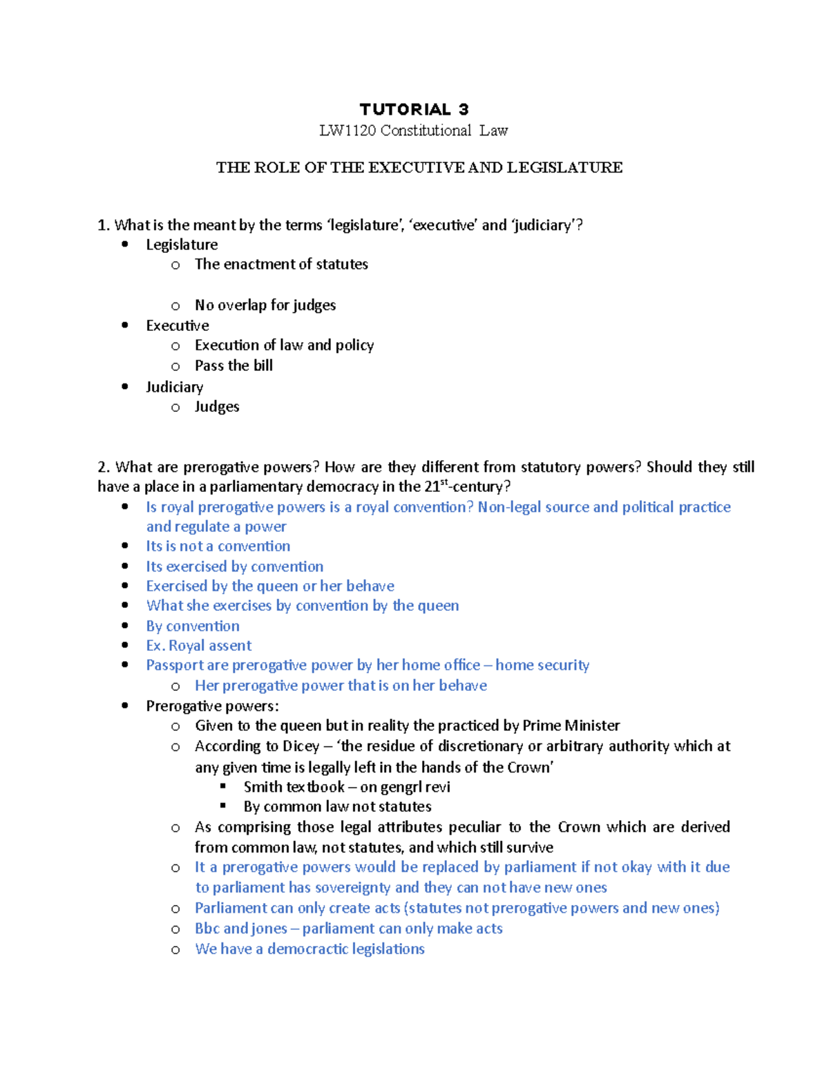 LW1120 Constitutional Law TUT#3 - TUTORIAL 3 LW1120 Constitutional Law THE ROLE OF THE EXECUTIVE ...