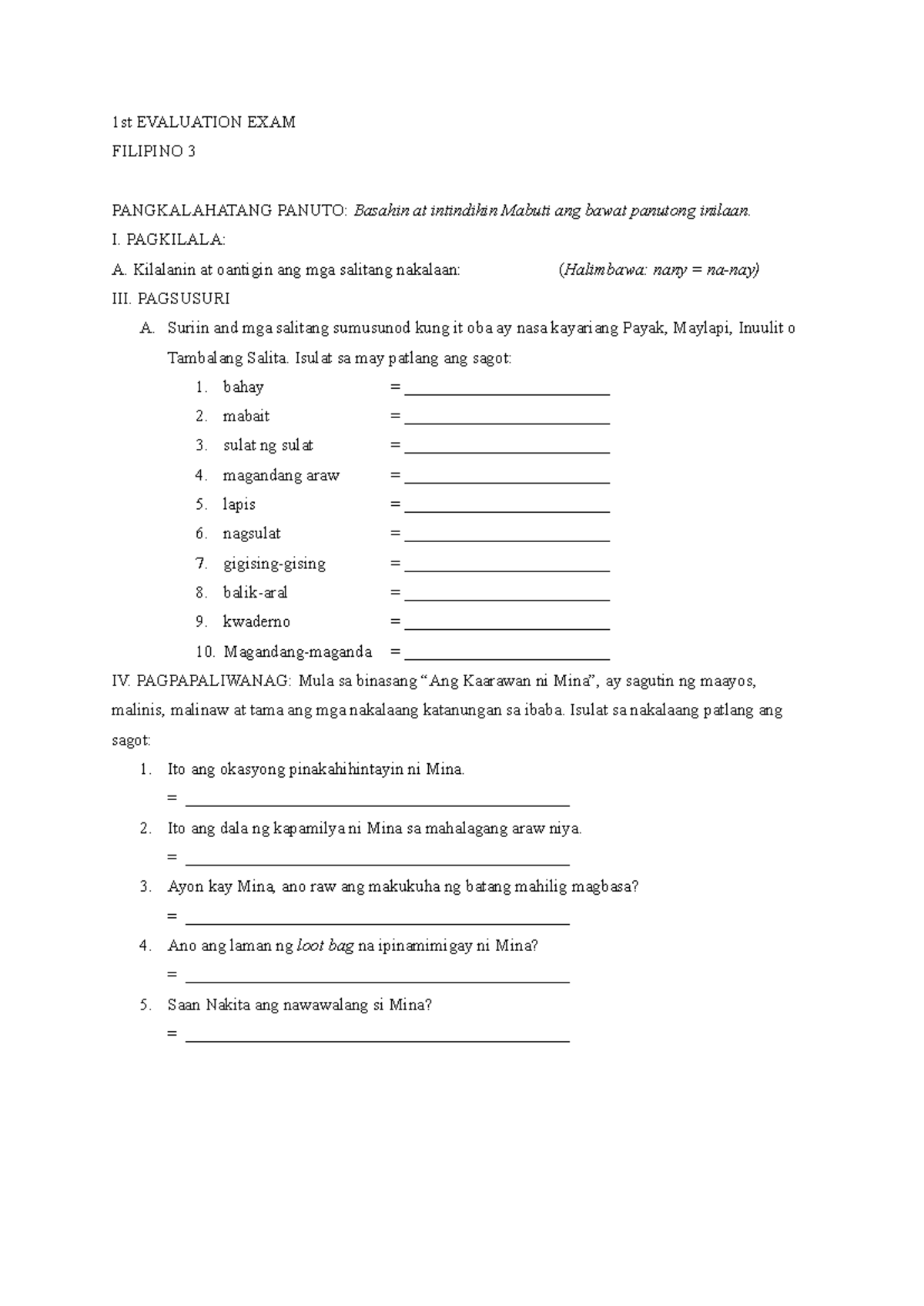 1st Evaluation EXAM - 1st EVALUATION EXAM FILIPINO 3 PANGKALAHATANG ...