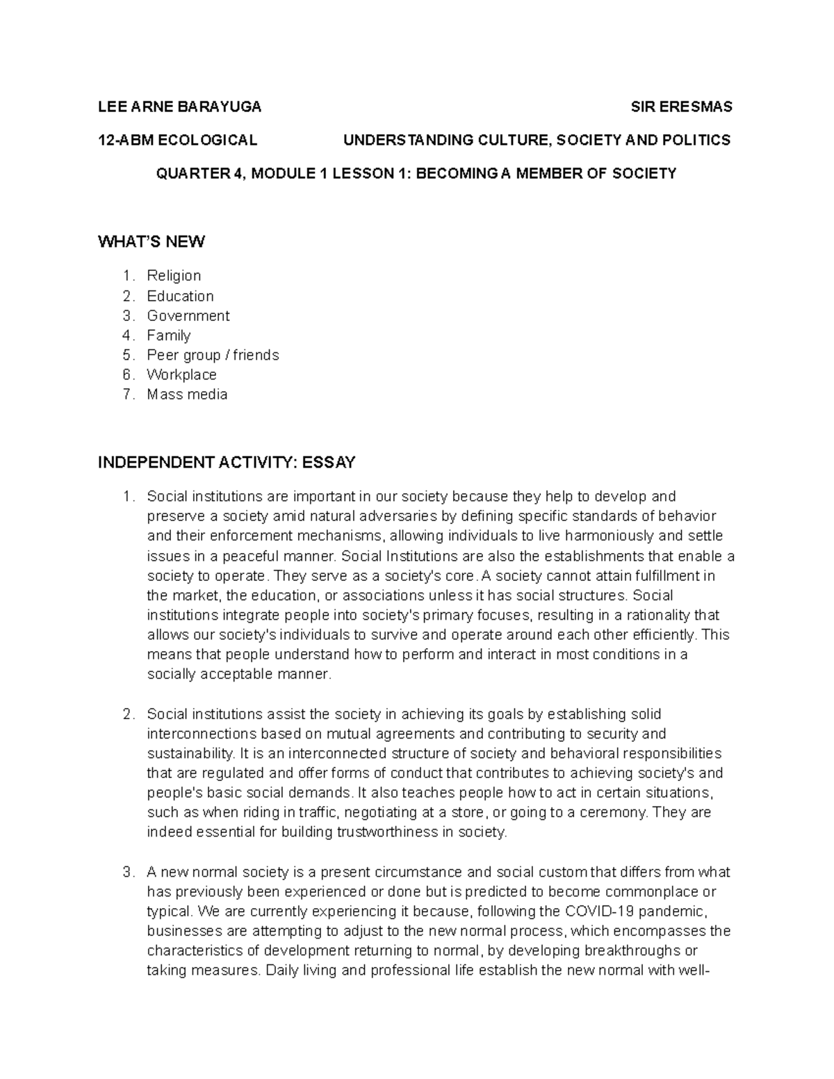 UCSP Module 1 Lesson 1 Becoming a Member of Society - LEE ARNE BARAYUGA ...