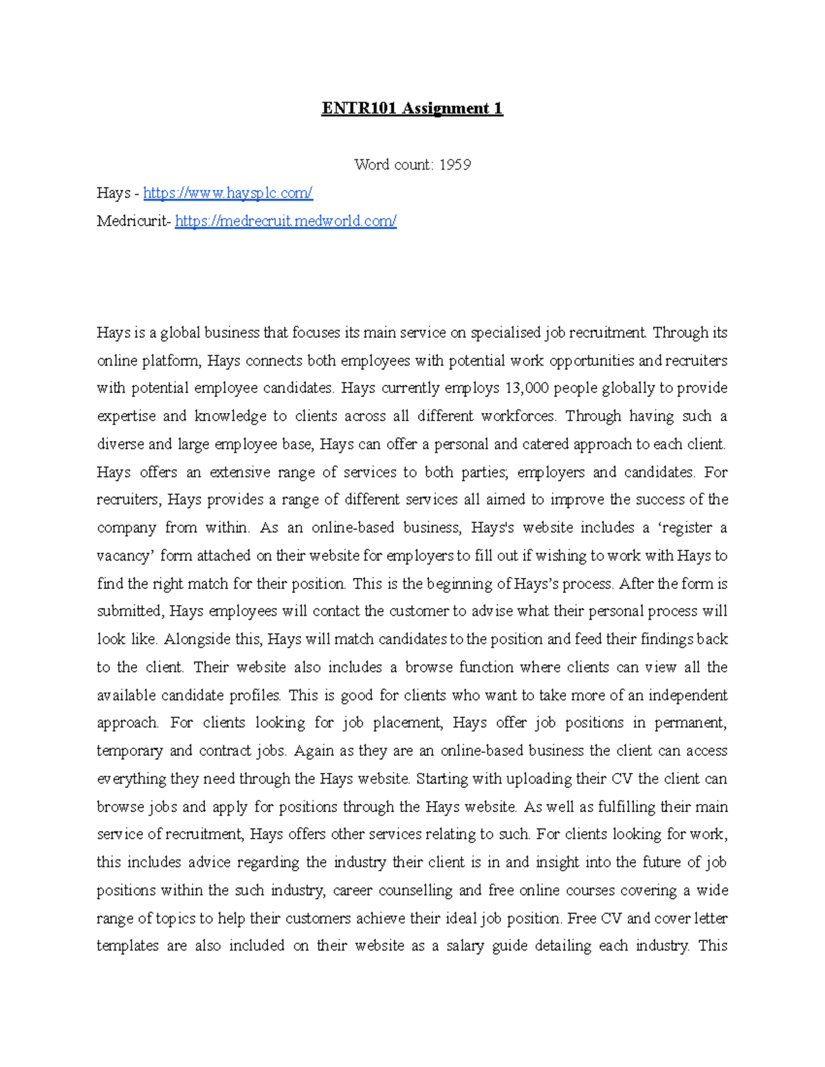 ENTR101- Assesment 1 - ENTR101 Assignment 1 Word count: 1959 Hays - haysplc/ Medricurit- - Studocu