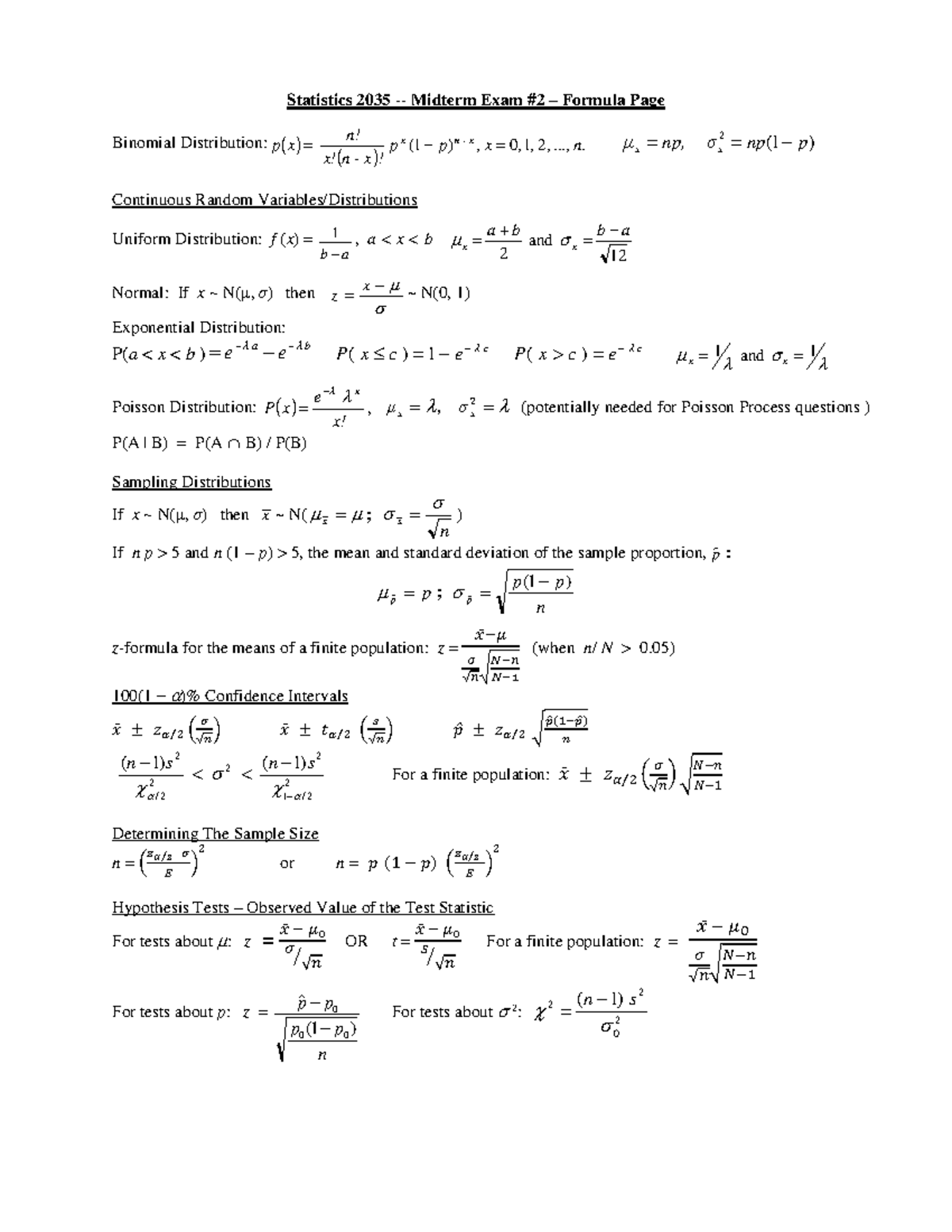 Key forumals for the midterm - Statistics 2035 - Midterm Exam #2 – Formula Page Binomial - Studocu