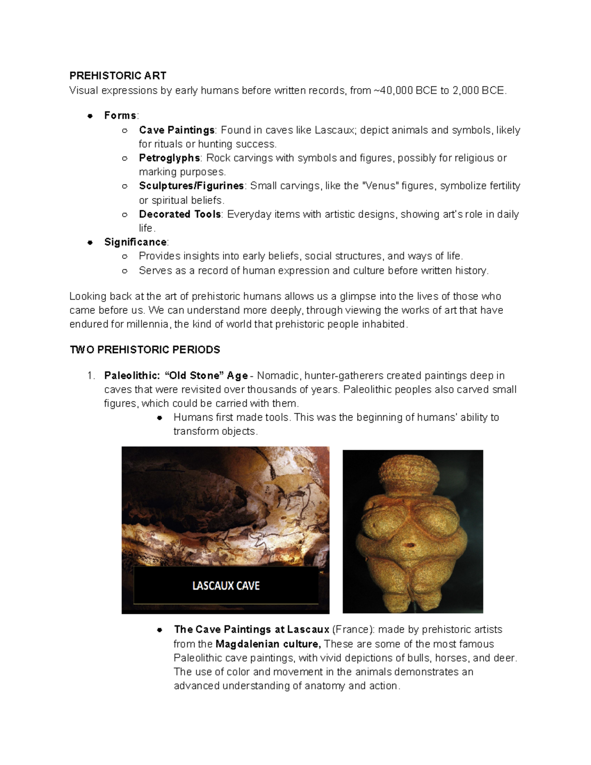 Prehistoric Art Handout - PREHISTORIC ART Visual expressions by early ...