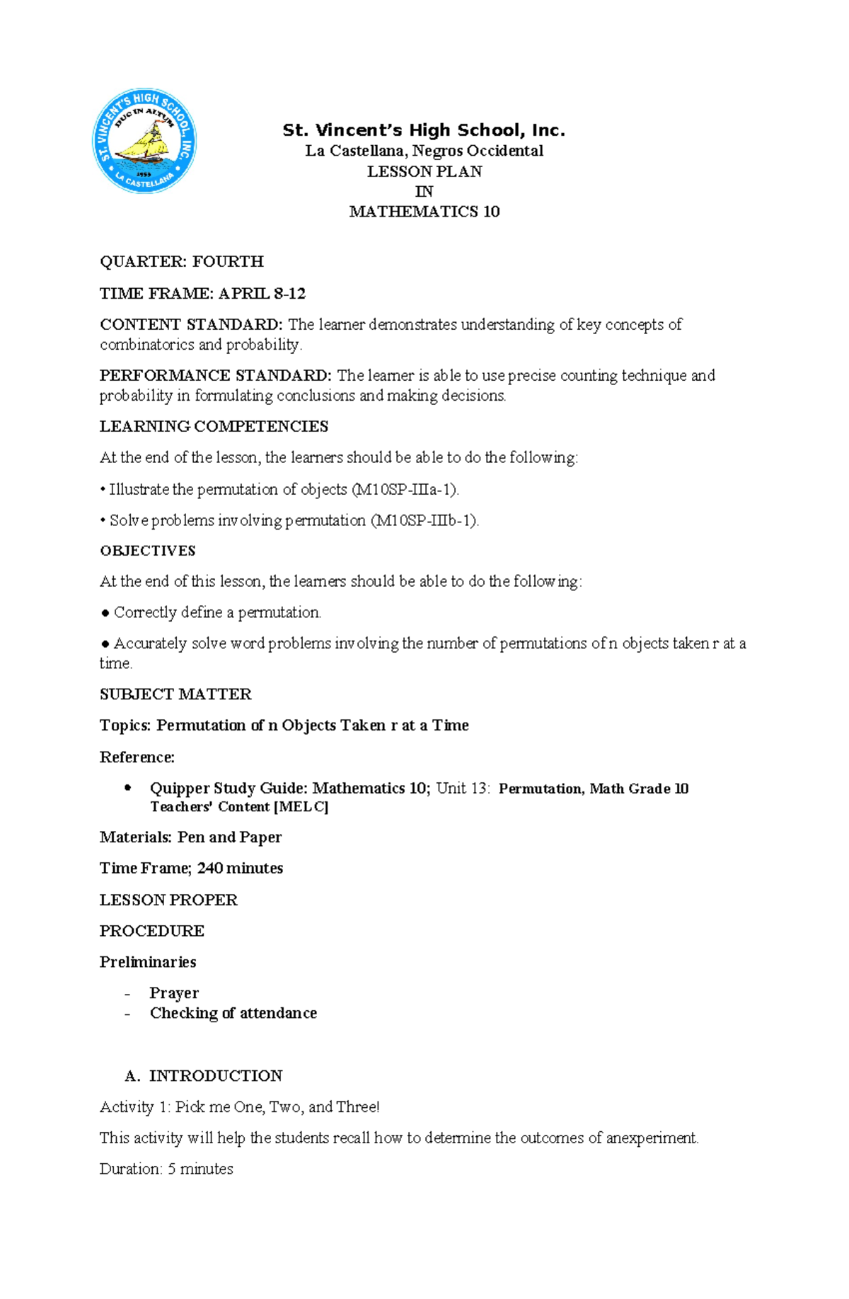 Lesson Plan in Math - St. Vincent’s High School, Inc. La Castellana ...