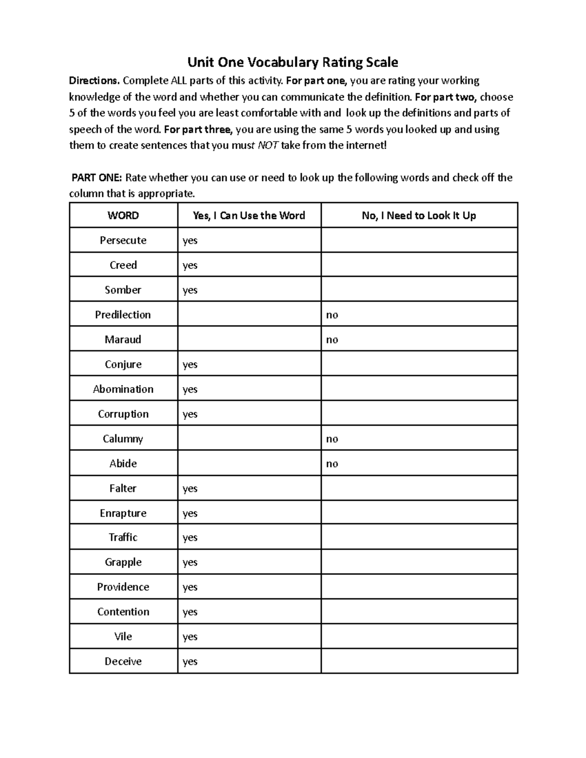 Unit One Vocabulary Rating Scale - Unit One Vocabulary Rating Scale ...