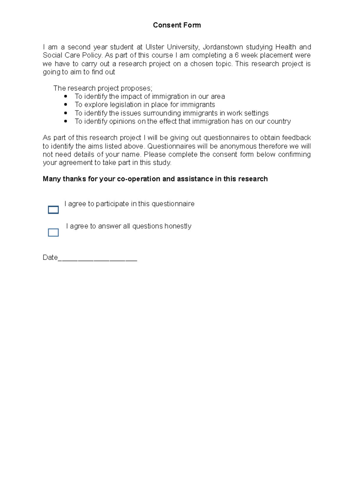 Consent form - Consent Form I am a second year student at Ulster ...