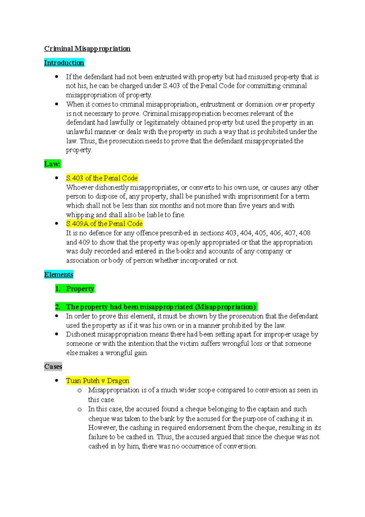 Criminal Law II: Criminal Misappropriation Notes - Criminal ...