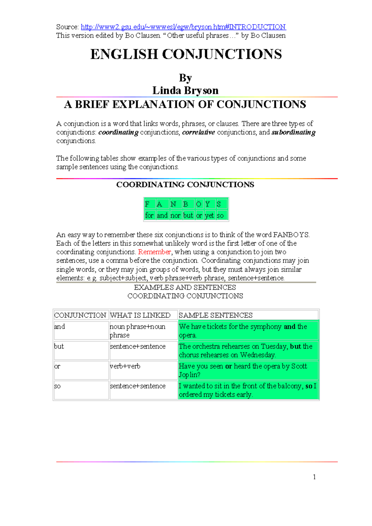 English Conjunctions - Source: www2.gsu/~wwwesl/egw/bryson#INTRODUCTION ...