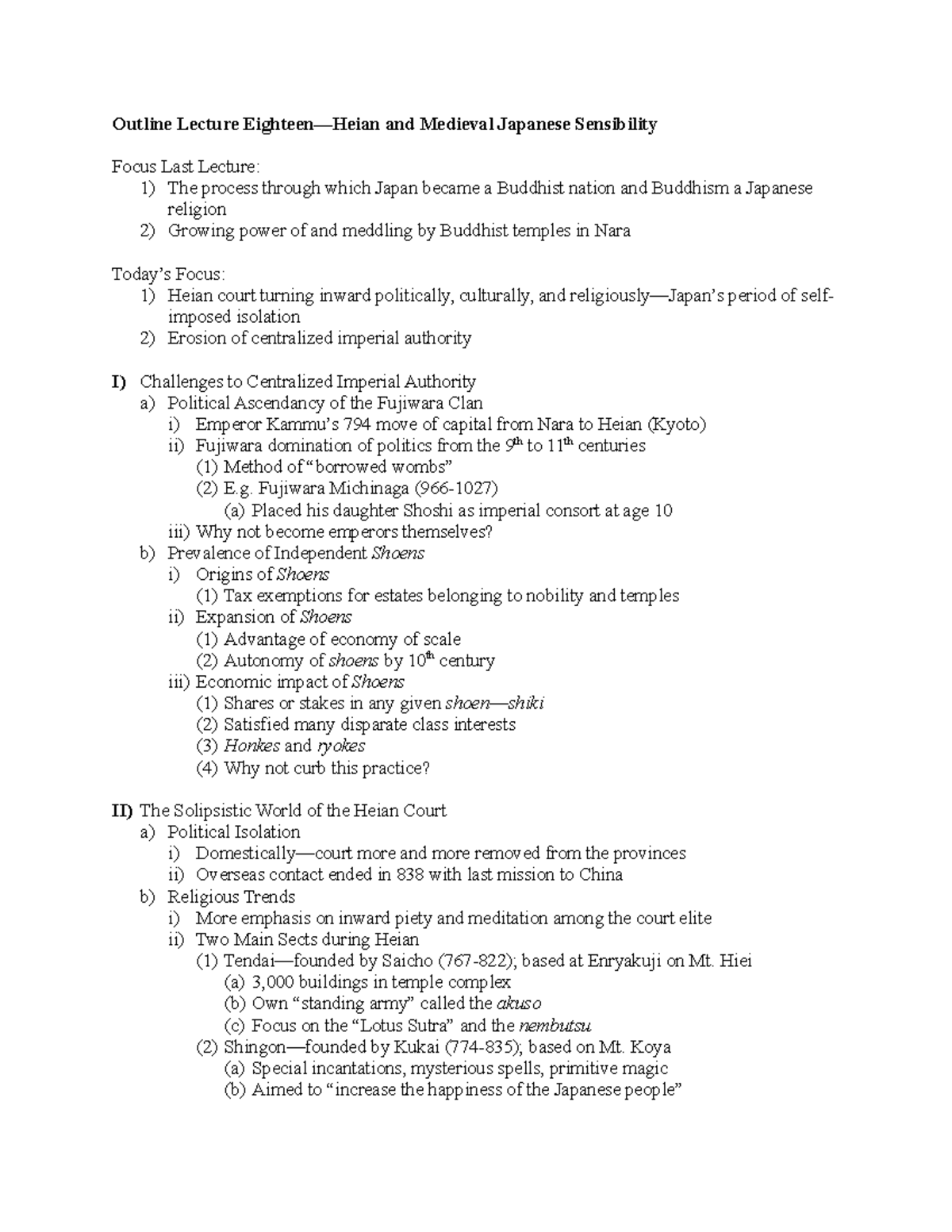 Outline Lecture Eighteen—Heian and Medieval Japanese Sensibility ...