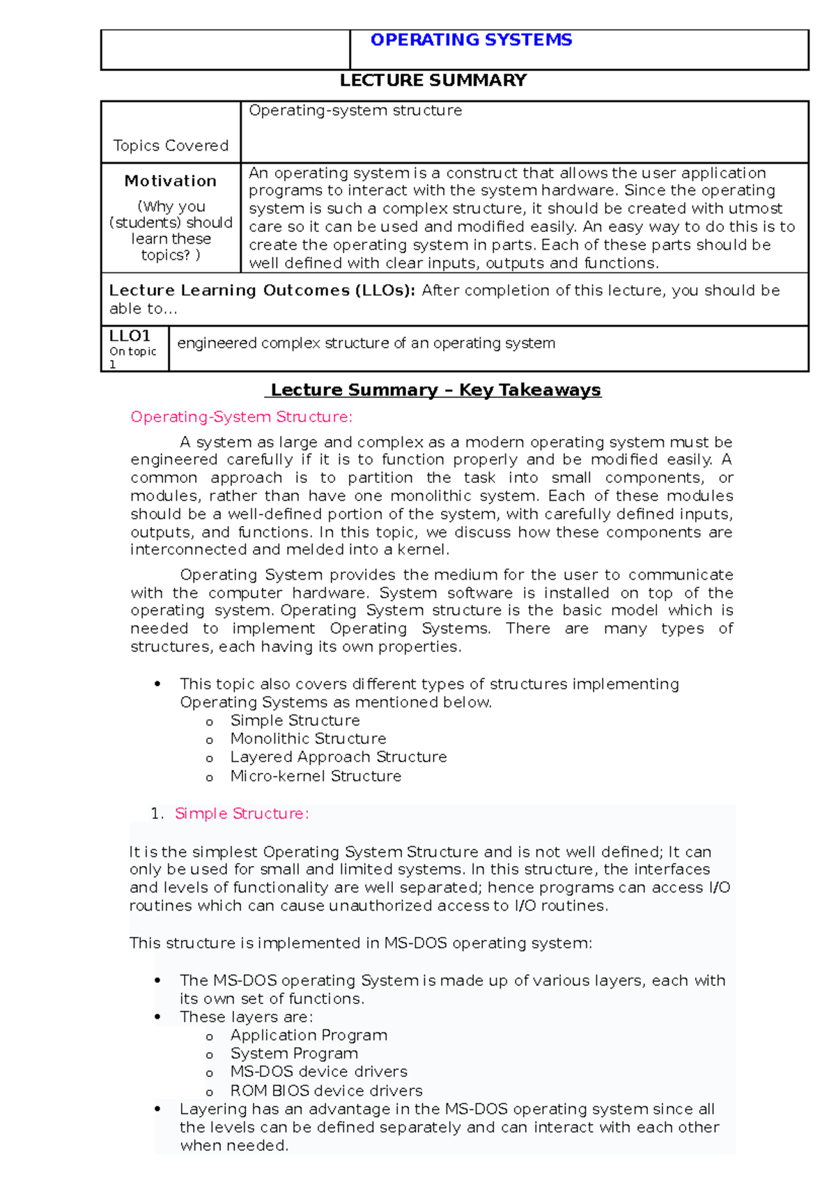 Operating-system structure - LECTURE SUMMARY Topics Covered Operating ...