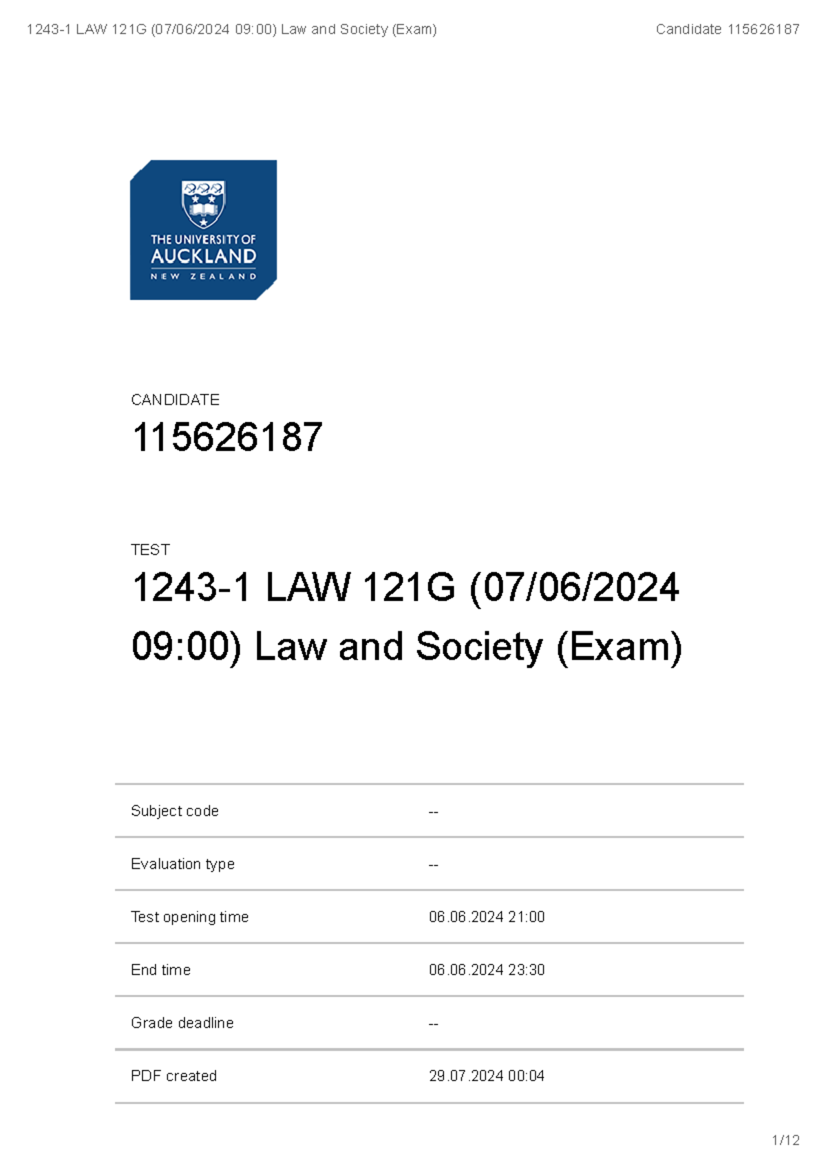 Exam script 121G 2024 - Subject code - Evaluation type - Test opening ...