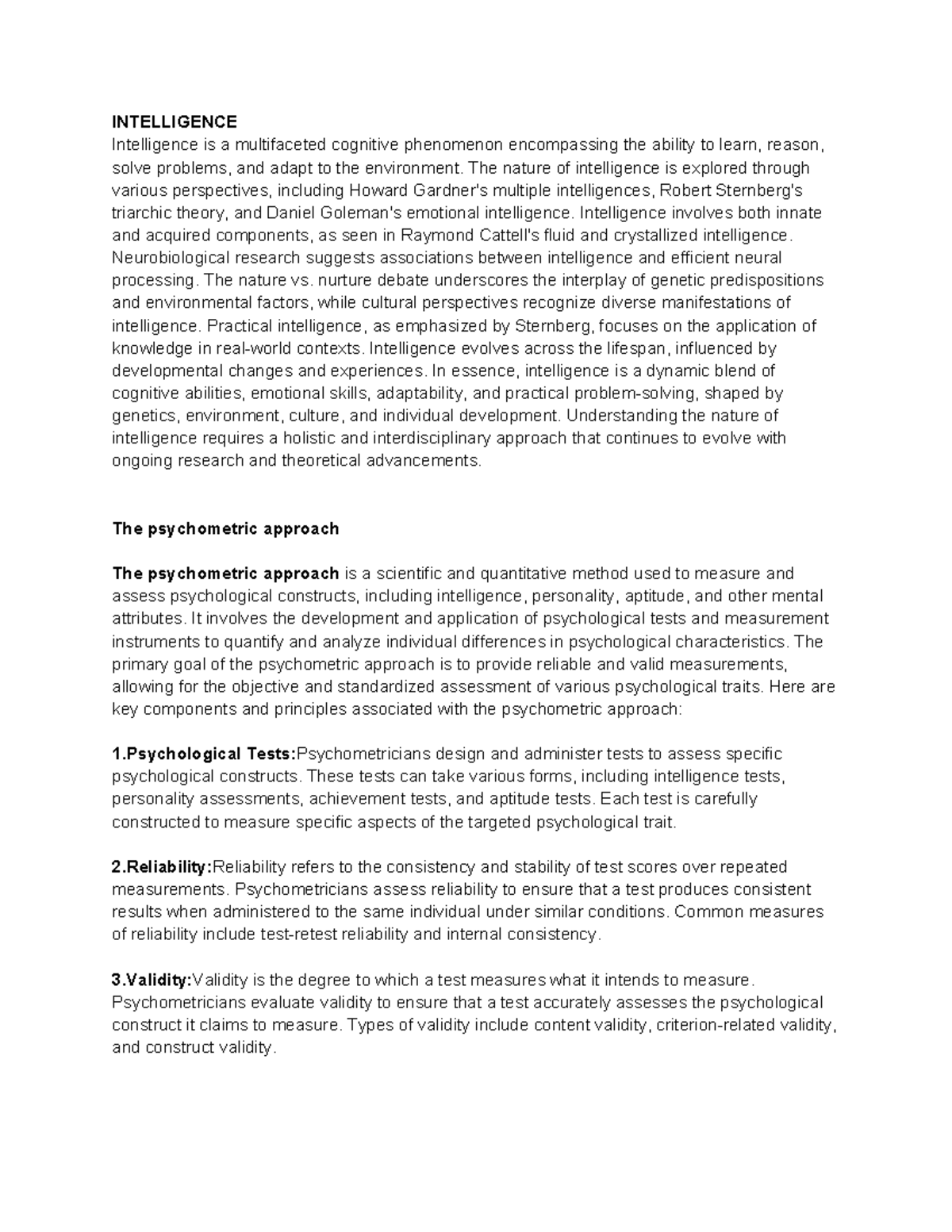 Intelligence - Summary Psychology program - INTELLIGENCE Intelligence ...