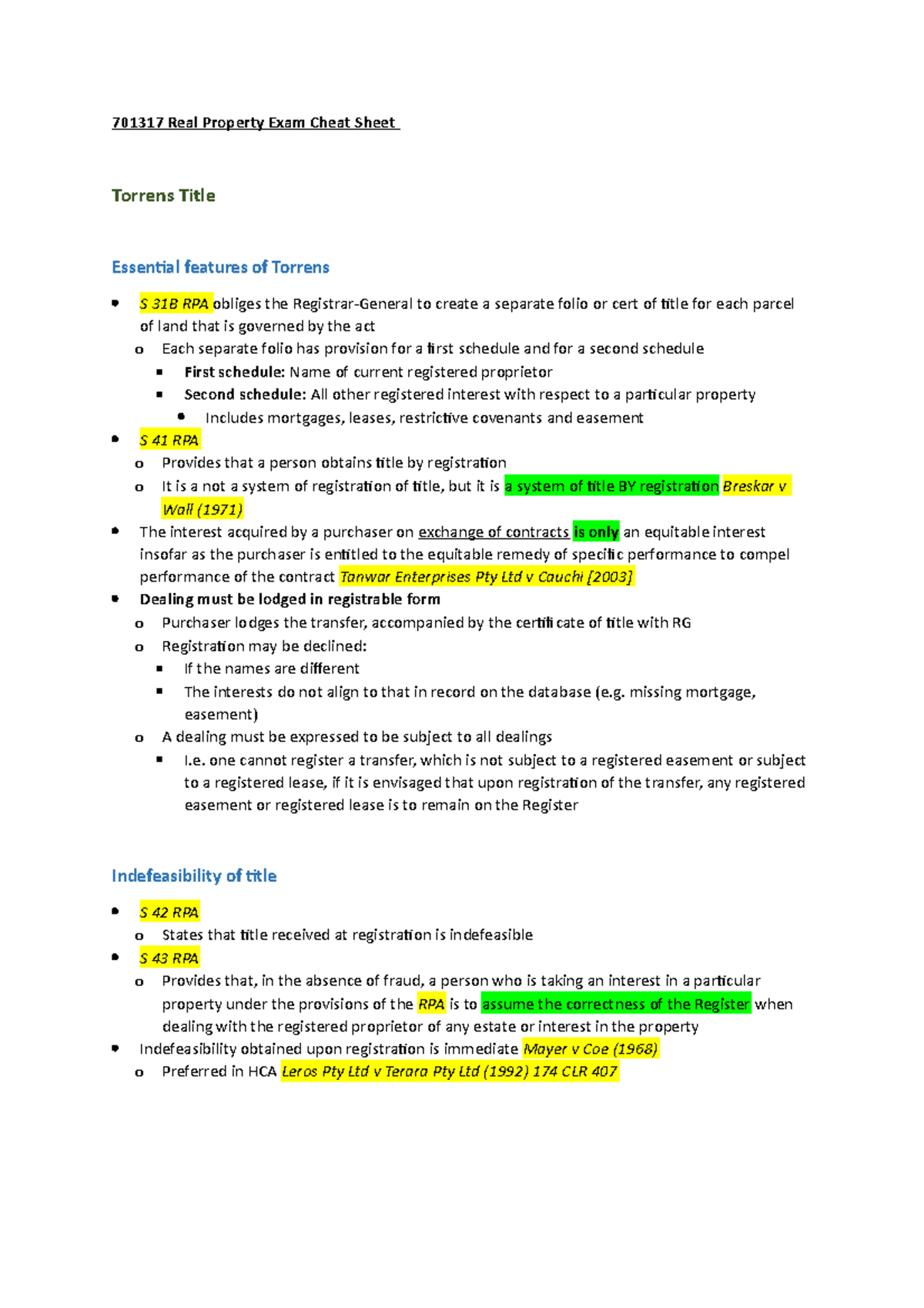 70317-Real Property 2 - Weeks 1-7 tutorial notes - 701317 Real Property ...