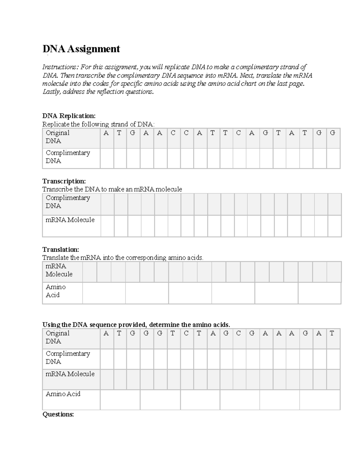 03 05 transcription and translation assignment - DNA Assignment Instructions: For this ...