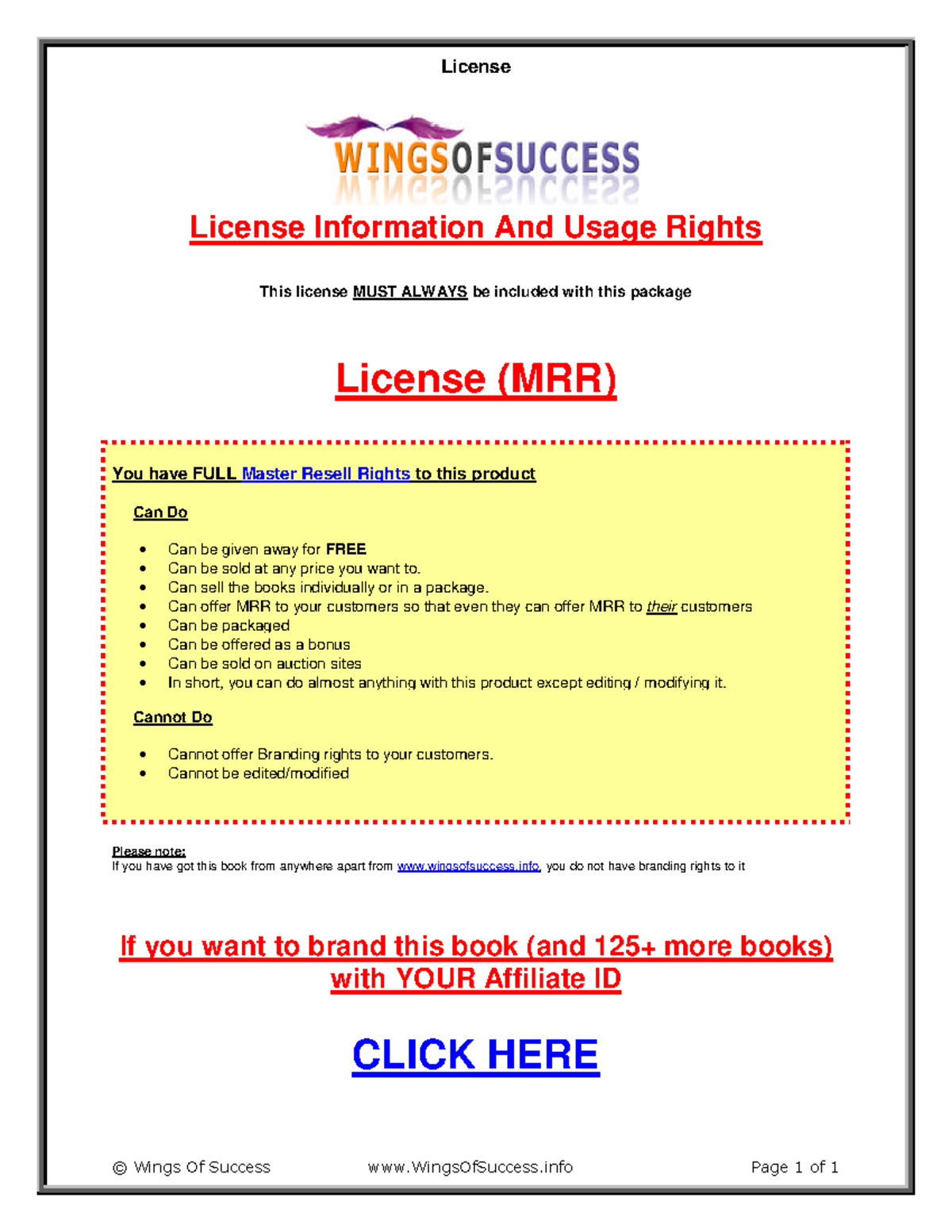 MRR License - License © Wings Of Success WingsOfSuccess Page 1 of 1 License Information And ...