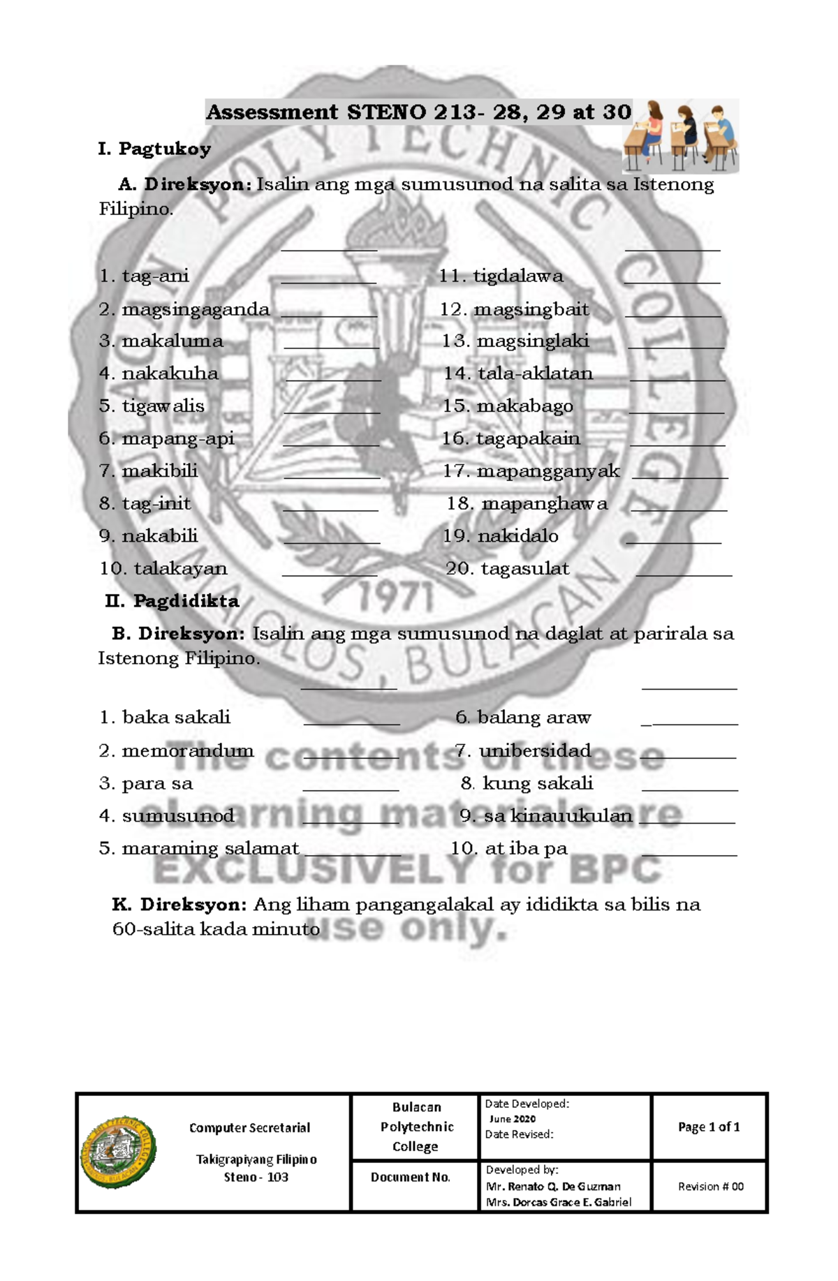 10a. Takigrapiyang Filipino- Steno 103-Assessment-10 - Computer ...