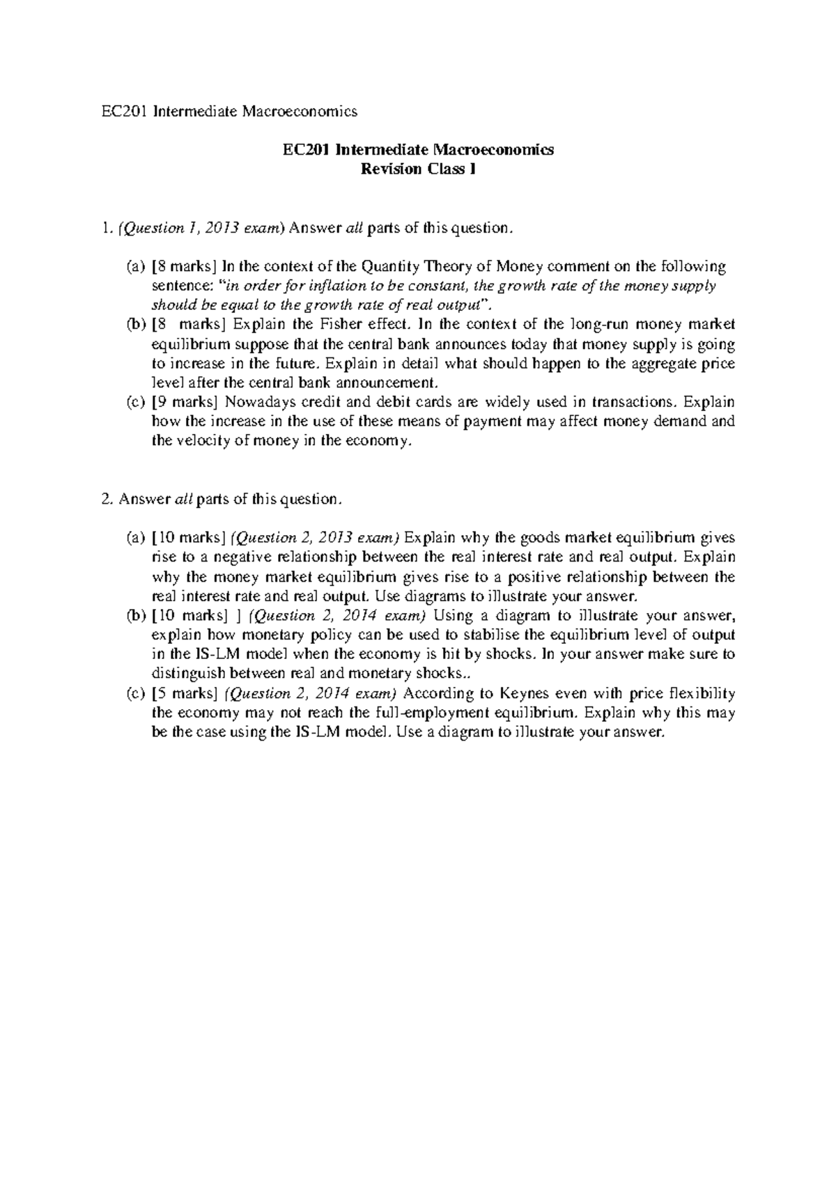 EC201 Revision Class I 2016 - EC201 Intermediate Macroeconomics EC201 Intermediate ...
