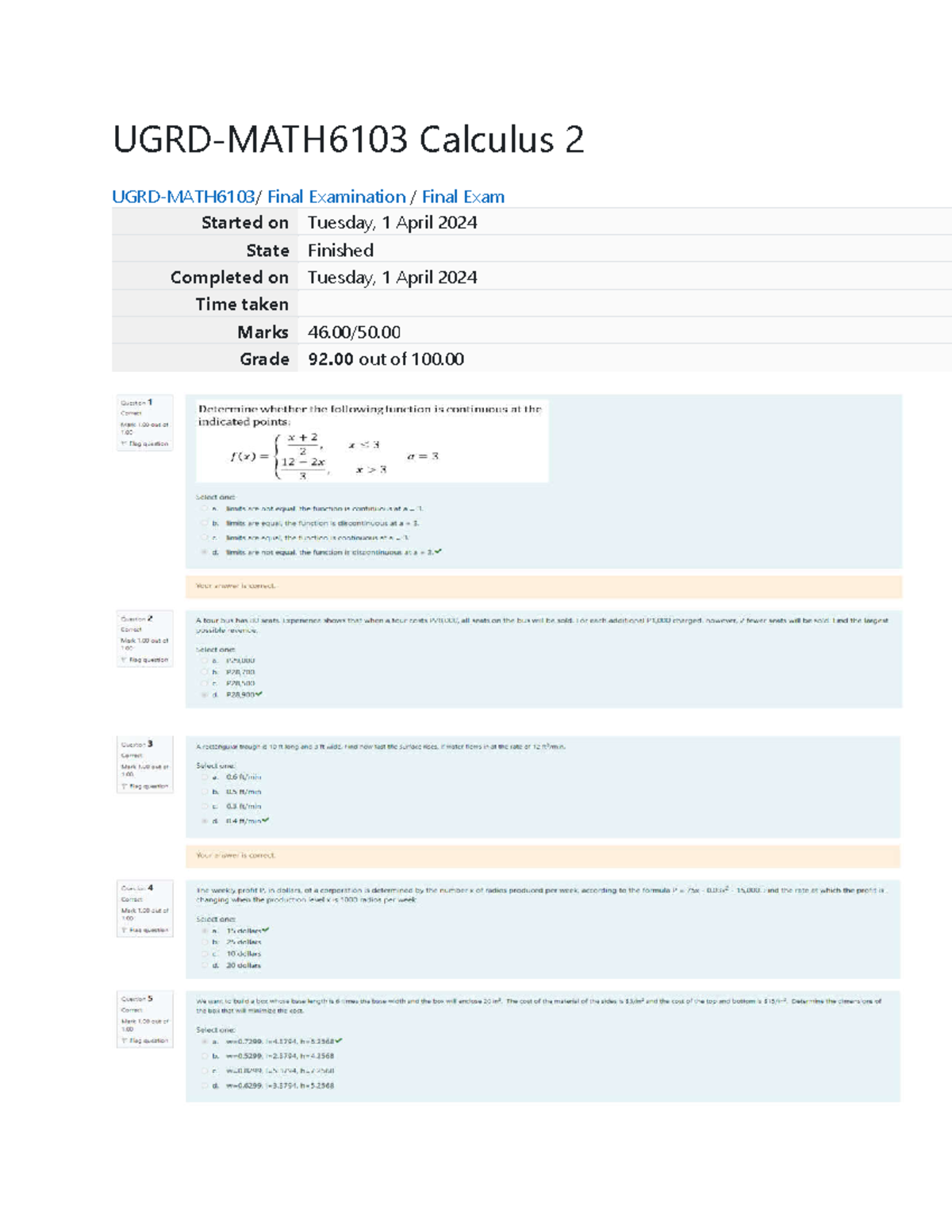 Calculus 2 Final Exam Computer Science Ugrd Math6103 Calculus 2