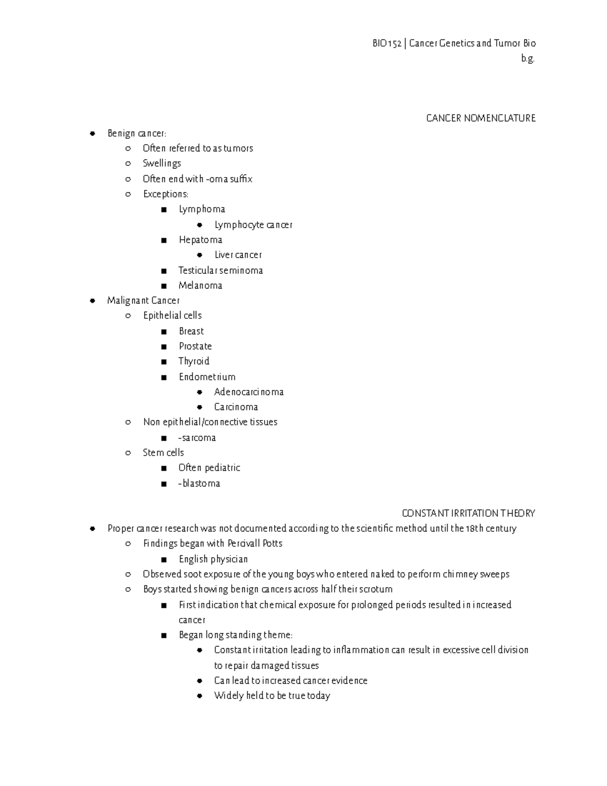 BIO 152 Cancer Nomenclature + Theories Notes - BIO 152 | Cancer ...