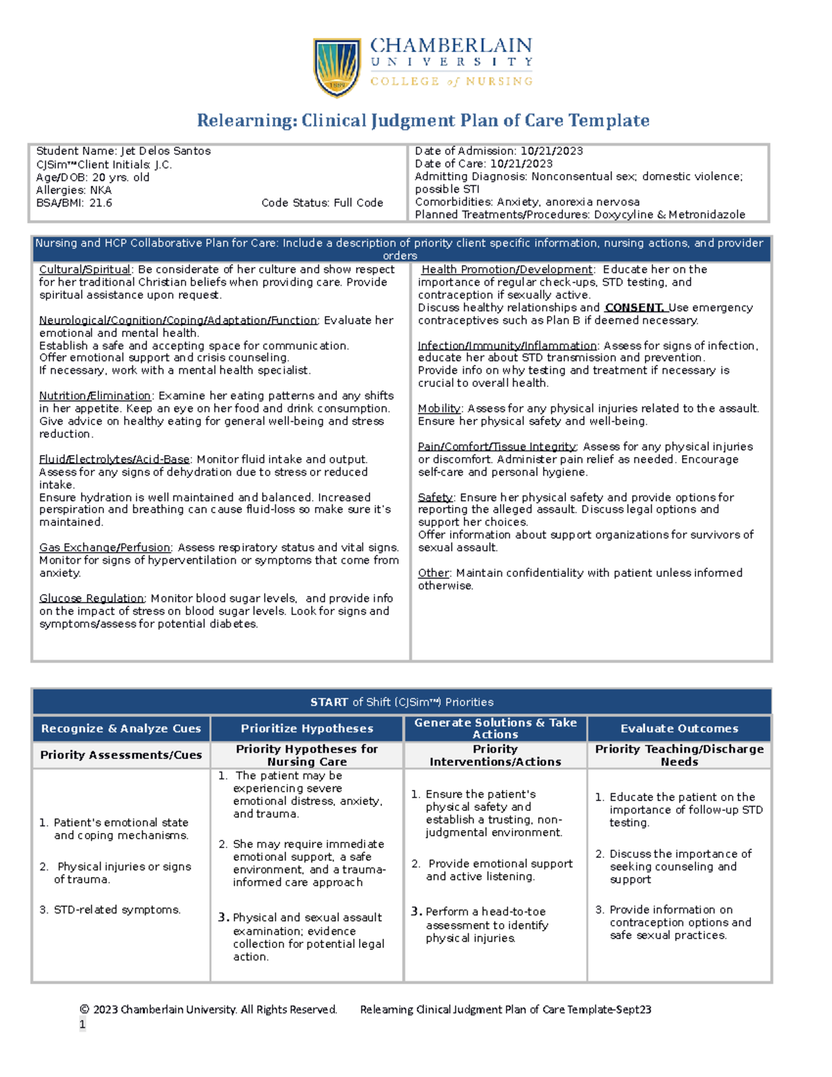 Janelle Collins Plan of Care - Student Name: Jet Delos Santos CJSim ...