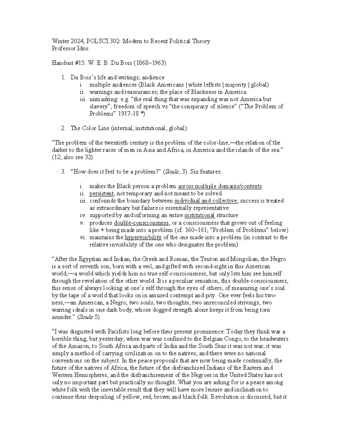 14a - Du Bois - Handout - lecture notes - Winter 2024, POLSCI 302 ...