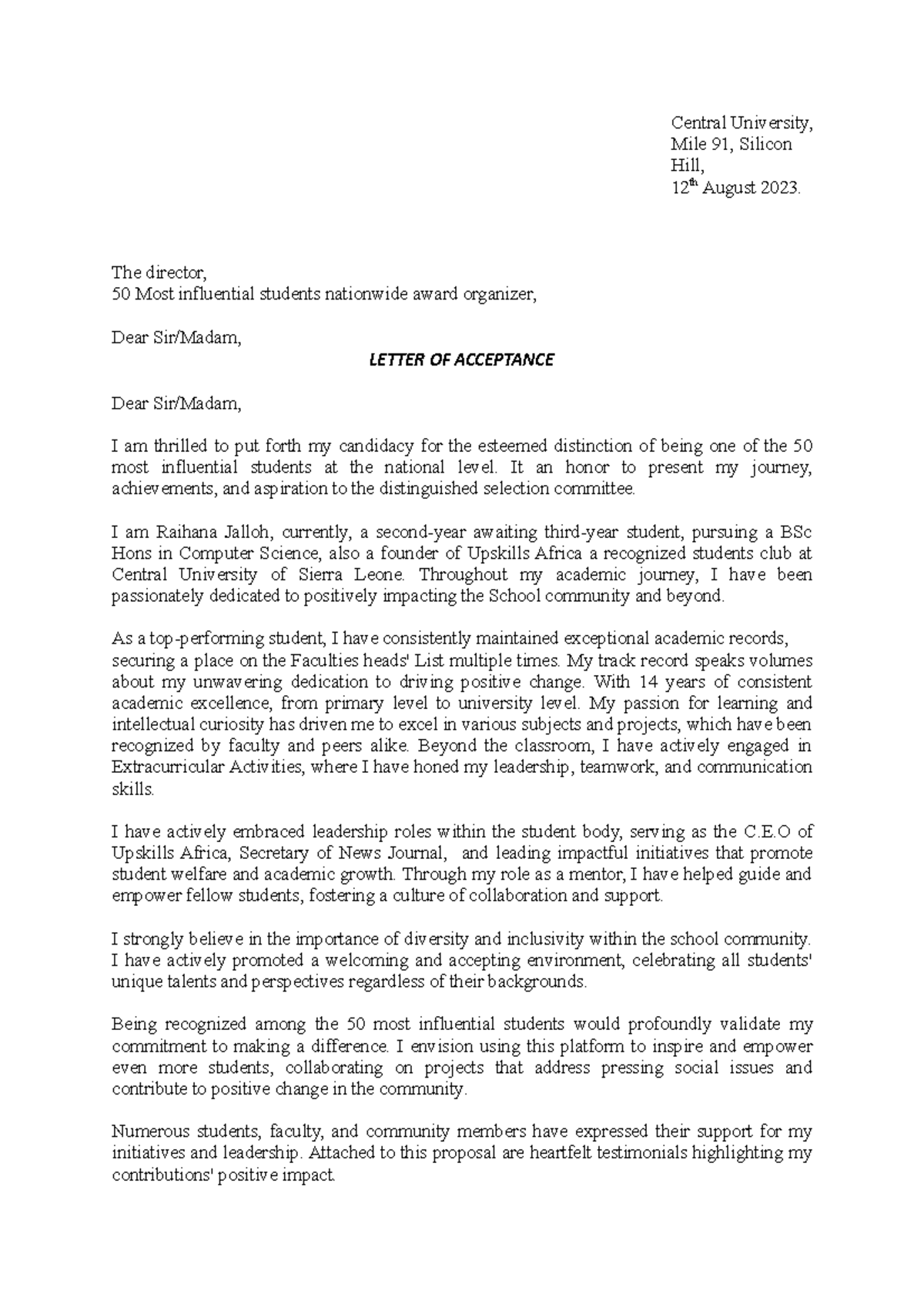 Proposal - Central University, Mile 91, Silicon Hill, 12 th August 2023 ...