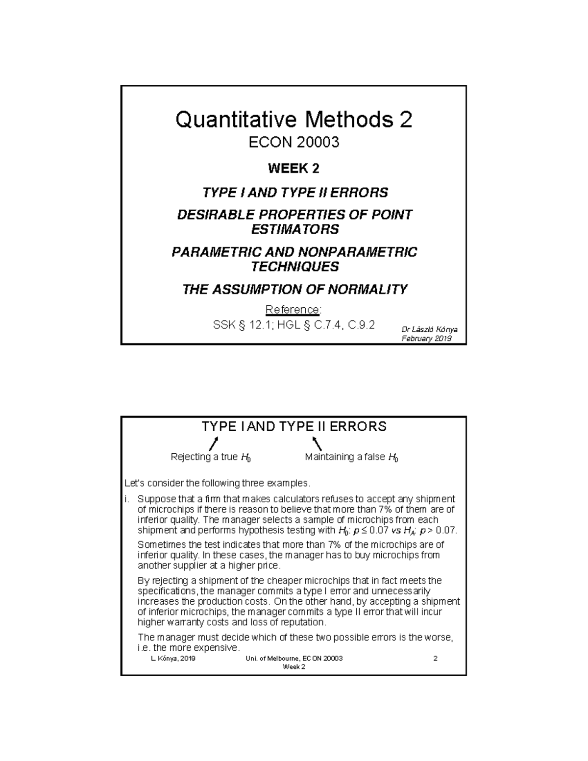 Week 2 Lecture Slides - Quantitative Methods 2 ECON 20003 WEEK 2 TYPE I AND TYPE II ERRORS ...