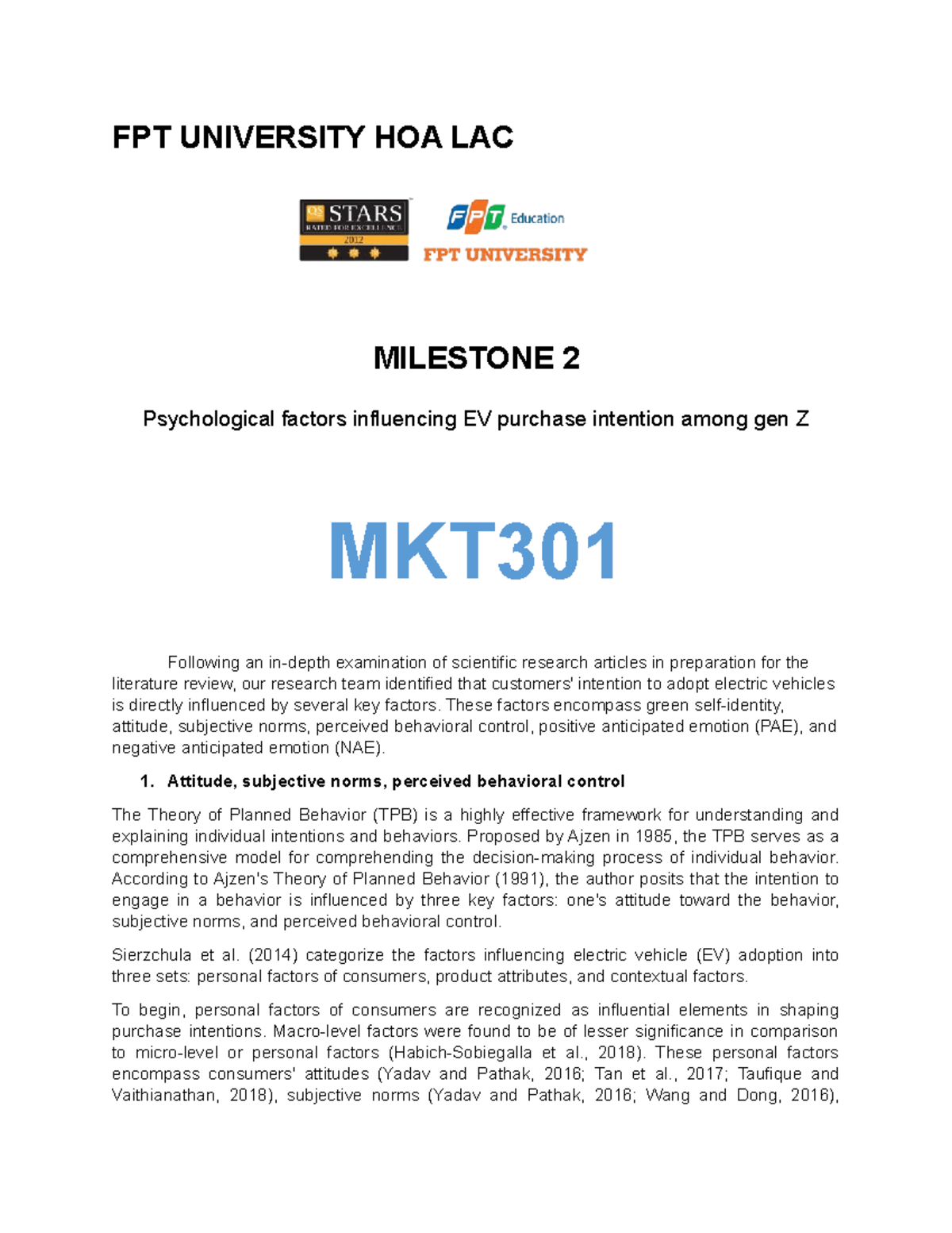Group 2 Mileston 2 - FPT UNIVERSITY HOA LAC MILESTONE 2 Psychological factors influencing EV ...